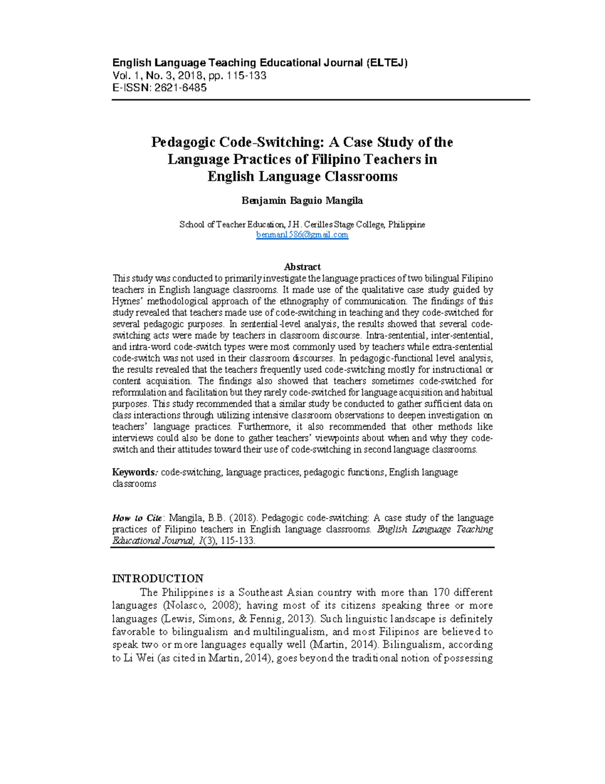 Pedagogic Code-Switching: A Case Study of Filipino Teachers (ELTEJ ...
