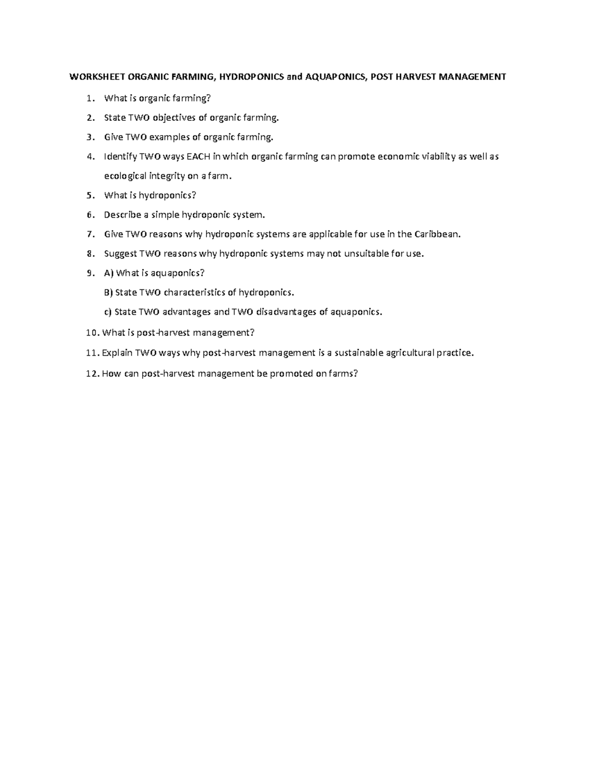 Worksheet on Organic Farming, Hydroponics & Aquaponics (Lesson 7 ...