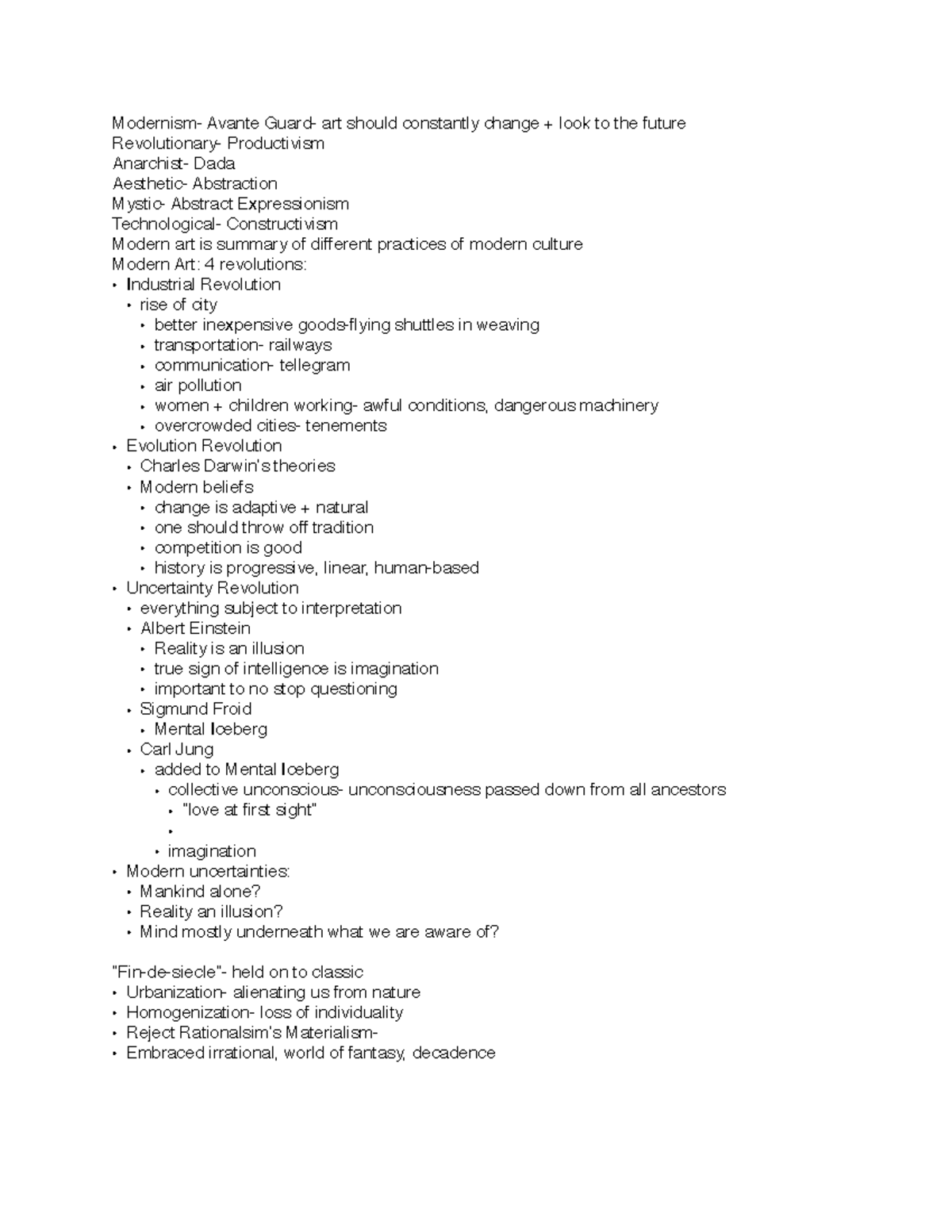Week 1 - Lecture notes 1 - Modernism- Avante Guard- art should ...