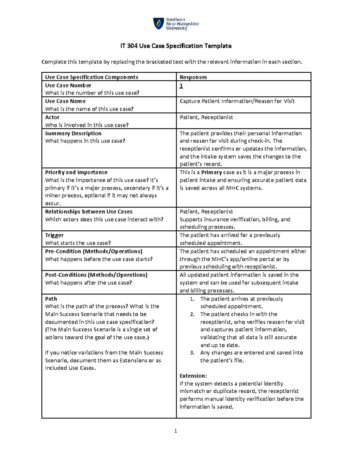 IT 304 Use Case Specification Template for Patient Intake Process - Studocu