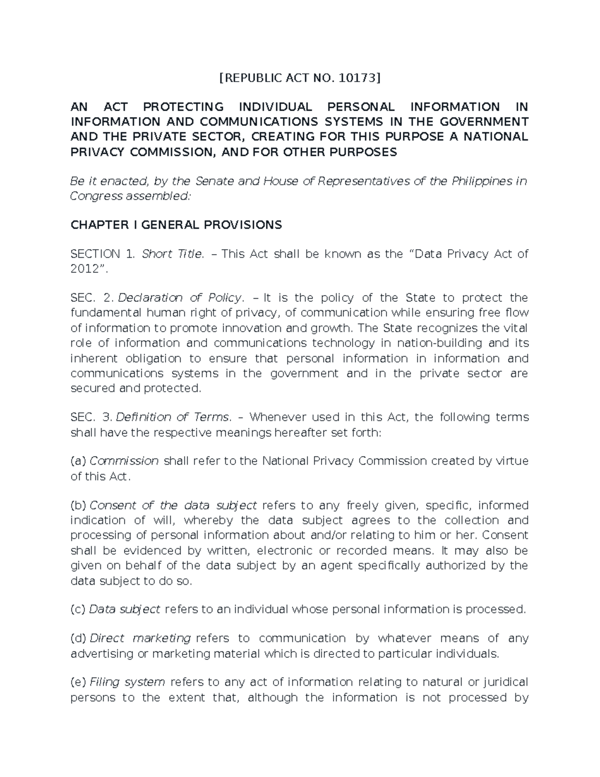 DATA- Privacy-ACT - Data privacy act - [REPUBLIC ACT NO. 10173] AN ACT ...