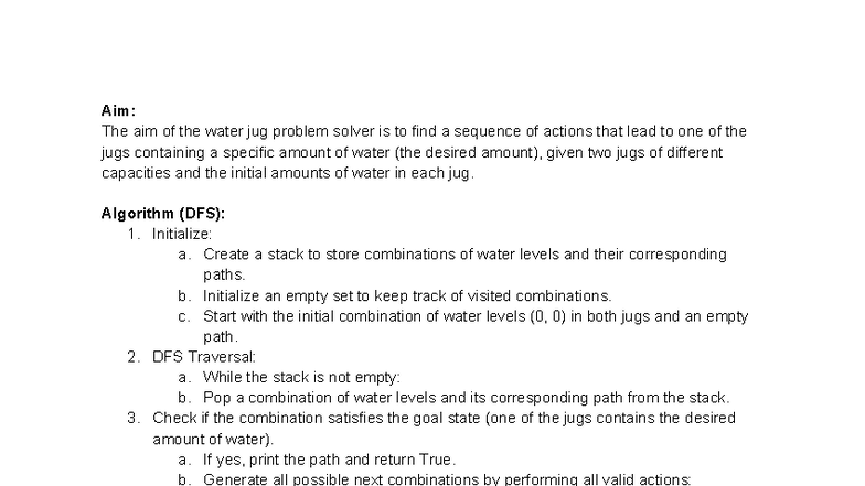 Water Jug Problem Solver: DFS & BFS Algorithms - Studocu