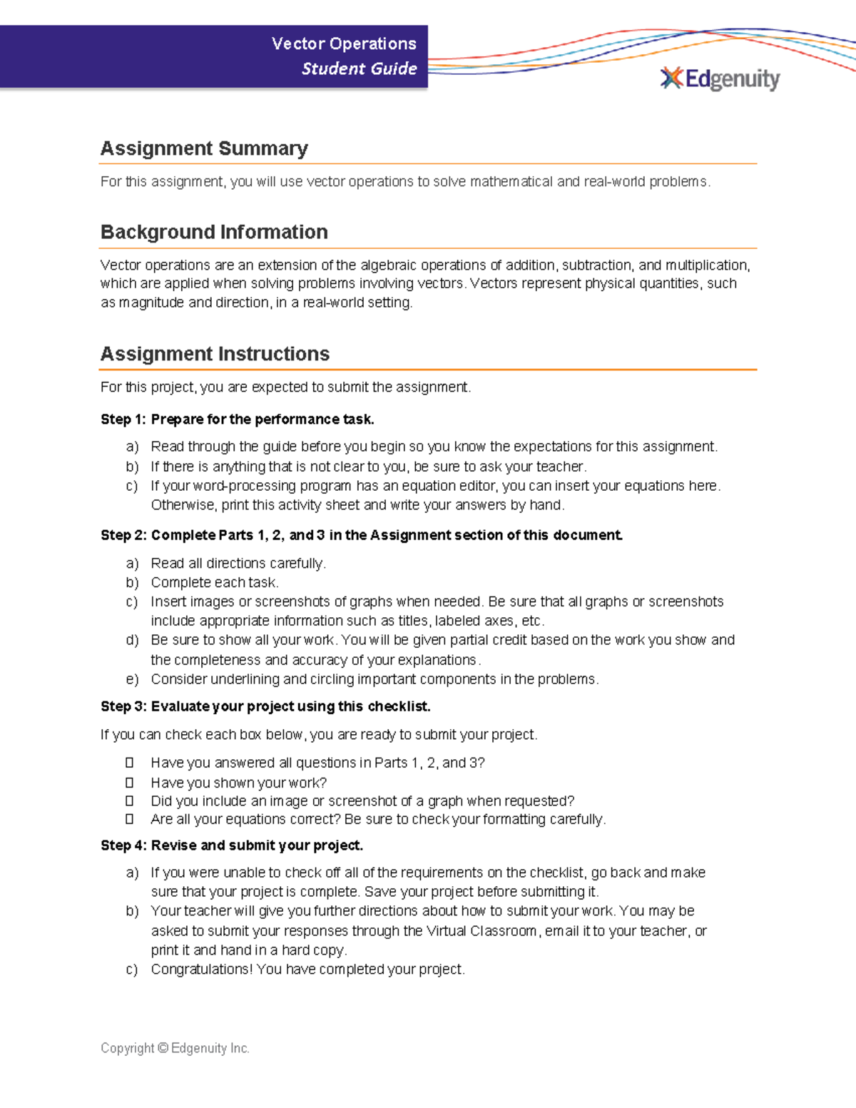 Performance Task - Vector Operations - Student Guide Summary - Studocu