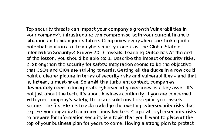 Top Security Threats & Vulnerabilities: Impact on Growth - Studocu