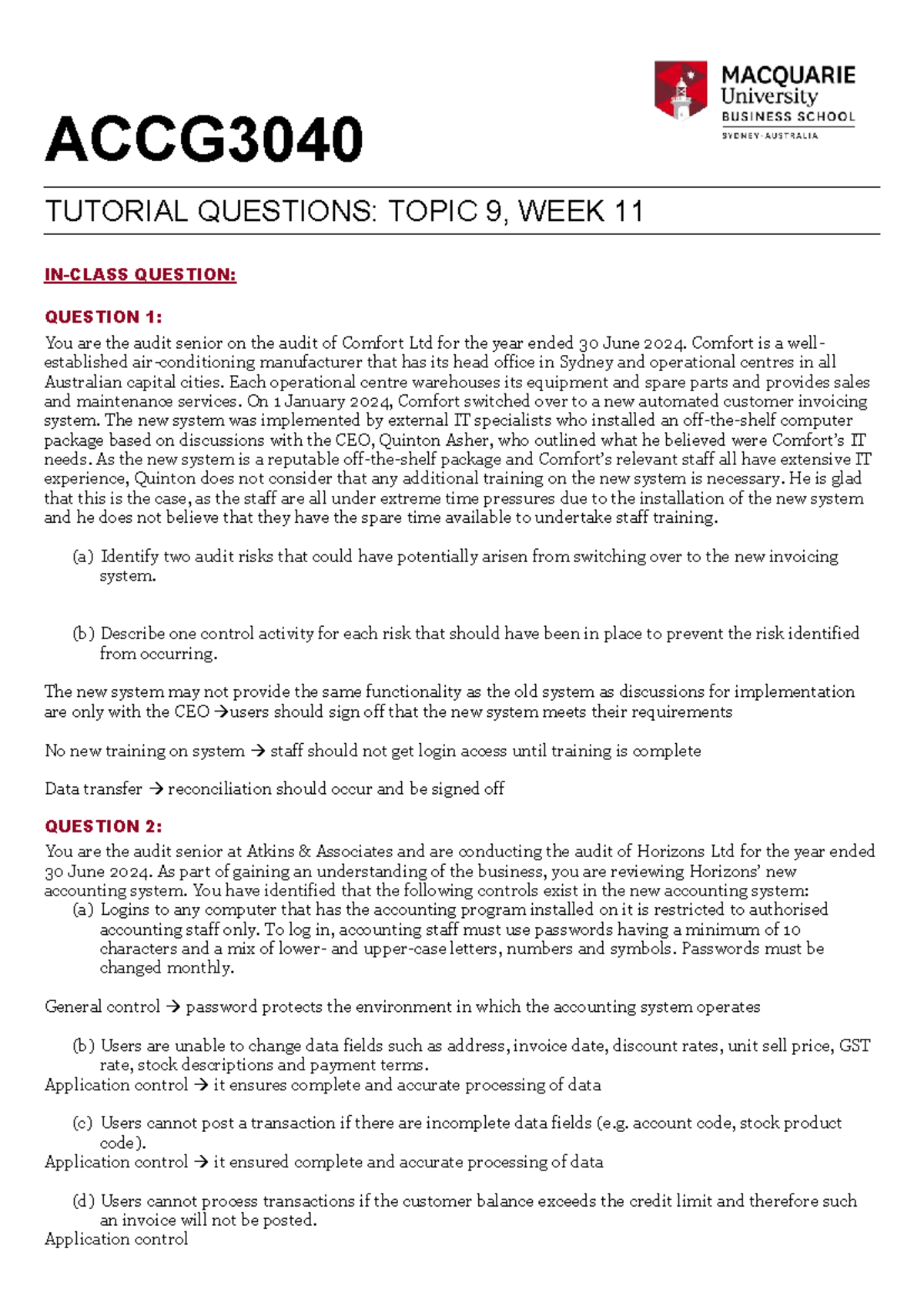 ACCG3040 SEMINAR QUESTIONS: TOPIC 9 AUDIT RISKS & CONTROLS - Studocu