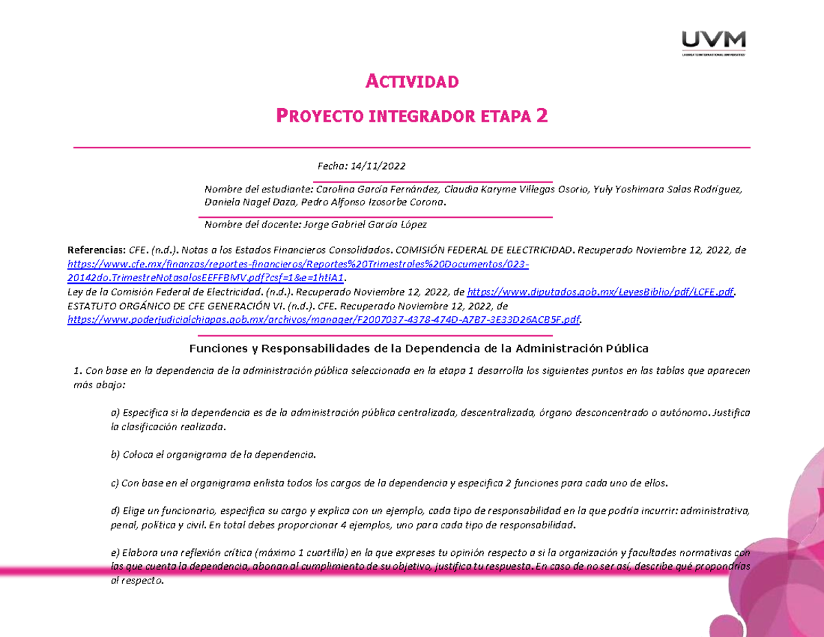 A6 Eq1 DAP - Proyecto integrador etapa 2 - ACTIVIDAD PROYECTO INTEGRADOR ETAPA 2 Fecha: 14/11 ...
