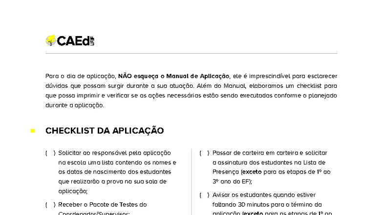 CAEd 2025 - Checklist para Aplicação de Provas - Studocu