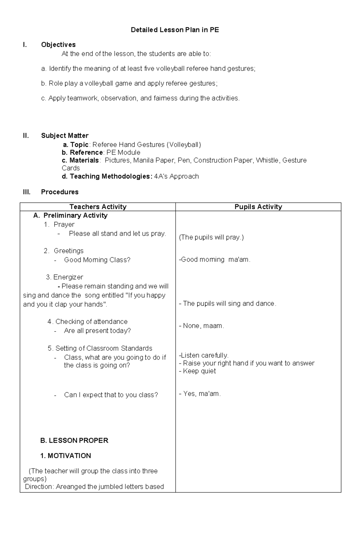 Detailed Lesson Plan on Referee Hand Gestures in PE I - Studocu