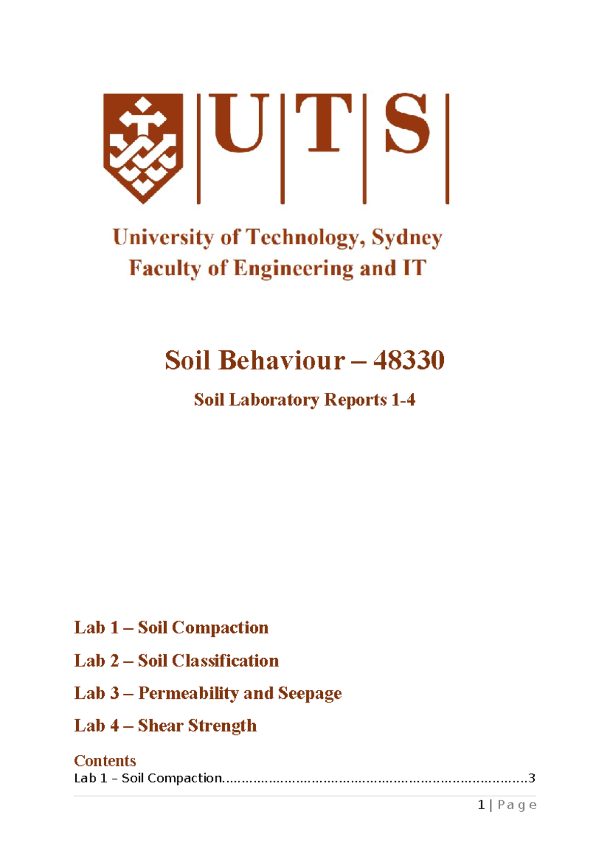 Soil Behaviour lab 1-4 - Lab assignment - Soil Behaviour – 48330 Soil Laboratory Reports 1- Lab ...