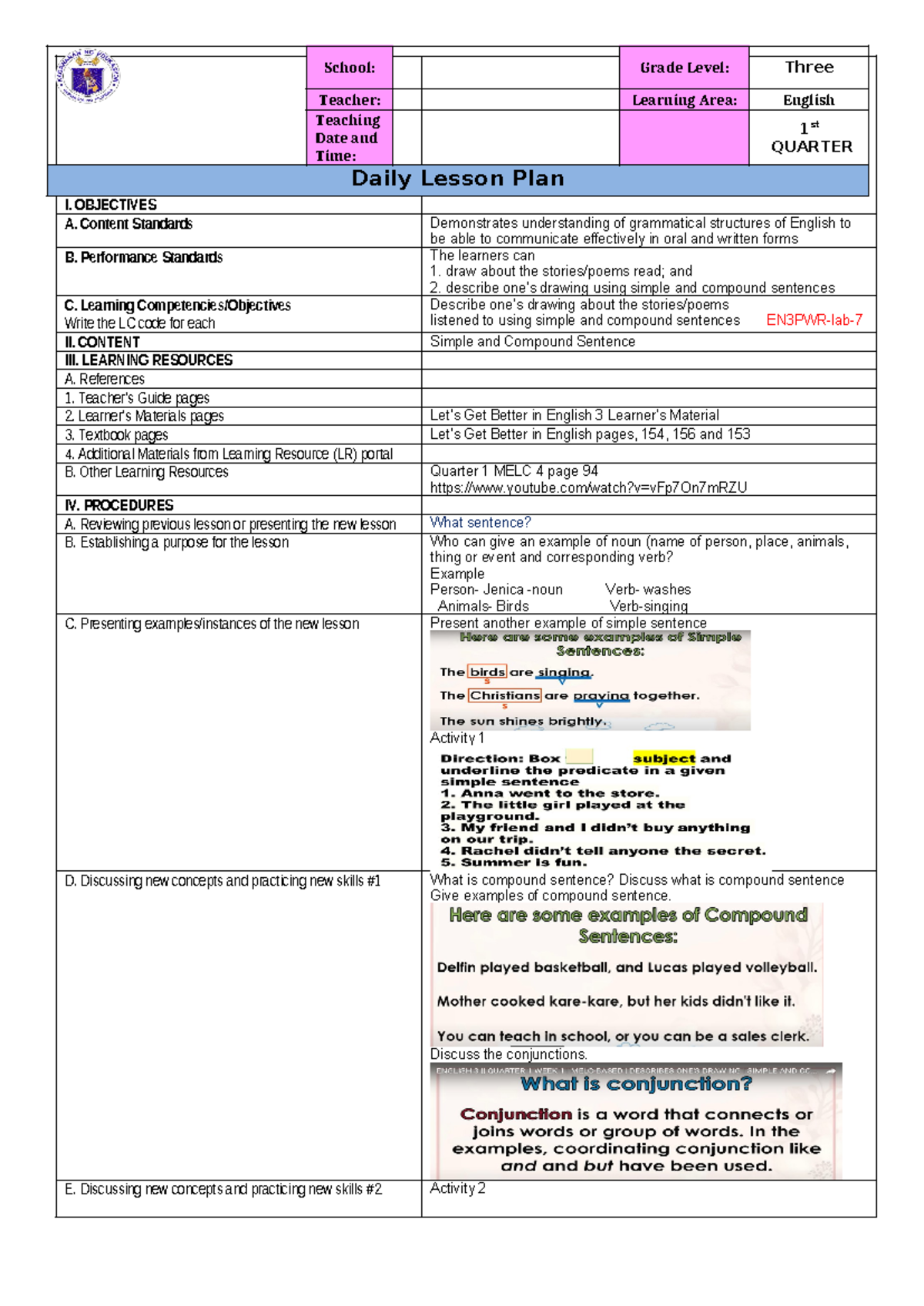 Q1 DLP English: Simple & Compound Sentences Lesson Plan - Studocu