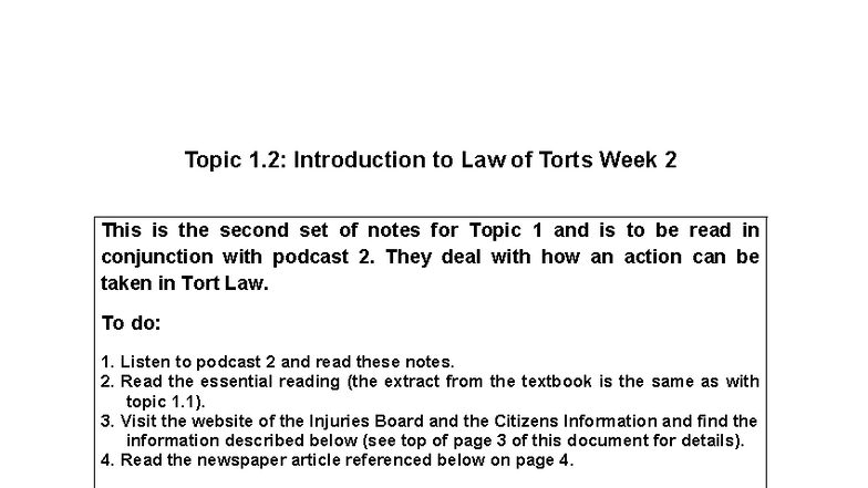 Topic 1.2: Intro to Tort Law - Week 2 Notes & Podcast 2 Insights - Studocu