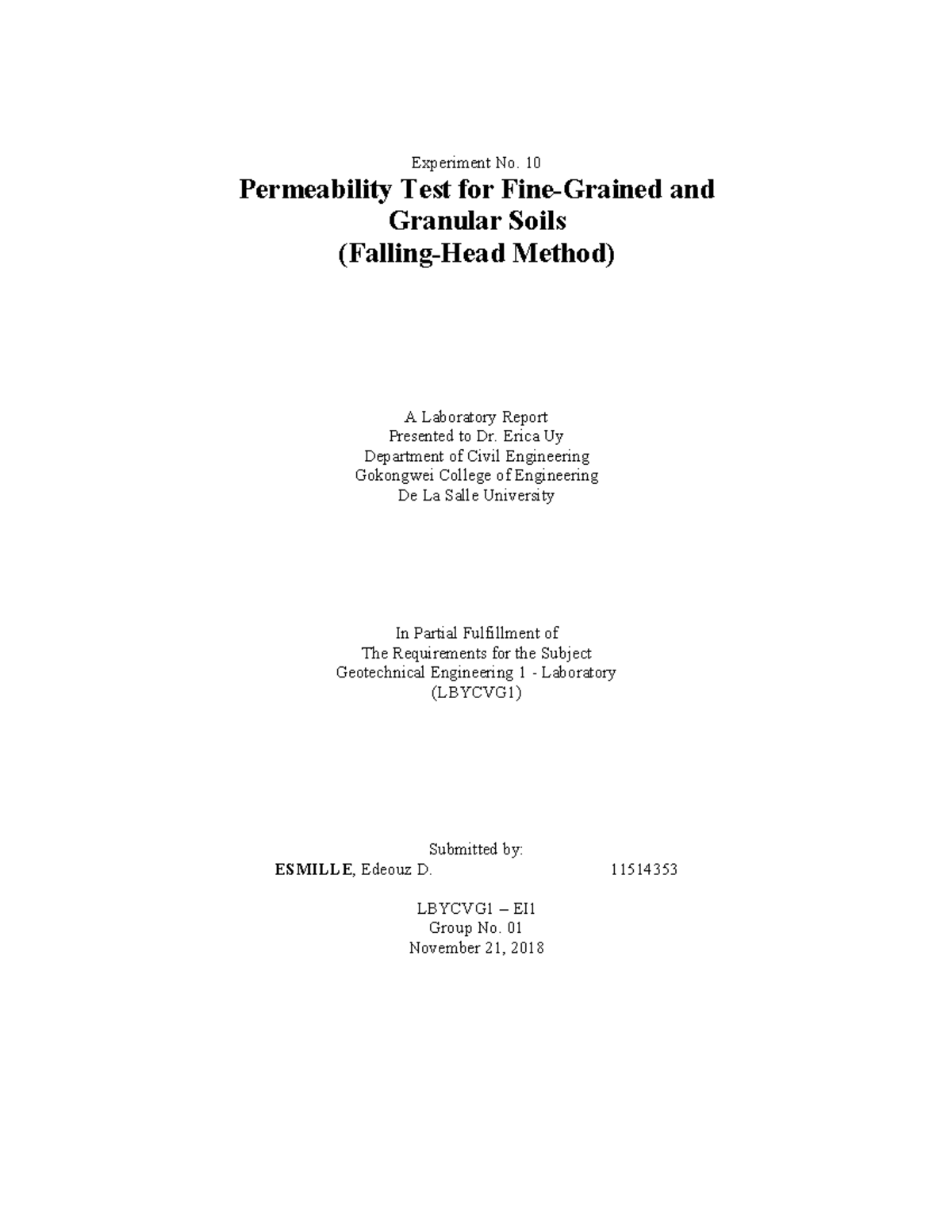 Permeability Test of Fine-Grained & Granular Soils - LBYCVG1 Lab Report ...
