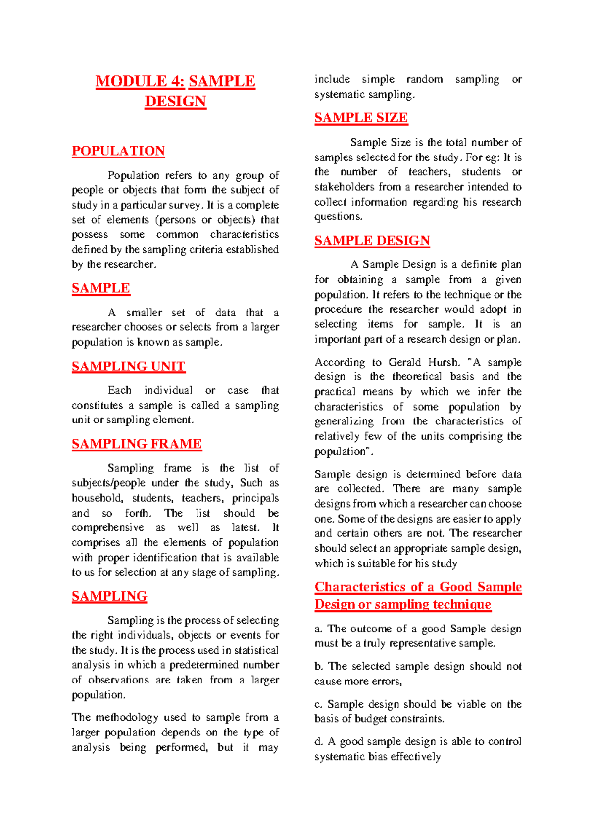 Module 4: Sample Design Techniques in Research (BCom) - Studocu
