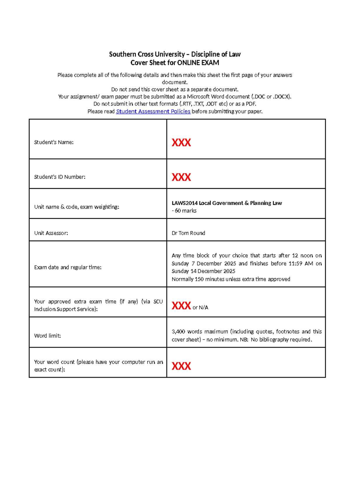 LAWS2014 Online Exam Cover Sheet for Local Government Planning Law ...