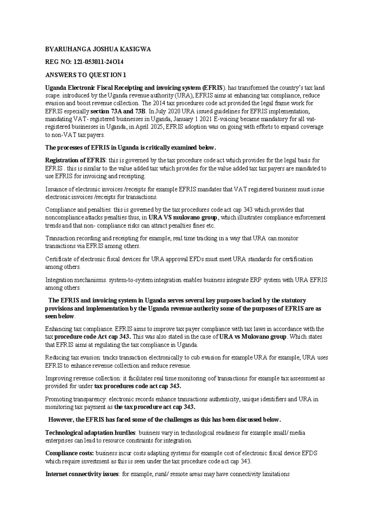 EFRIS Implementation and Impact on Tax Compliance in Uganda - JOSH ...