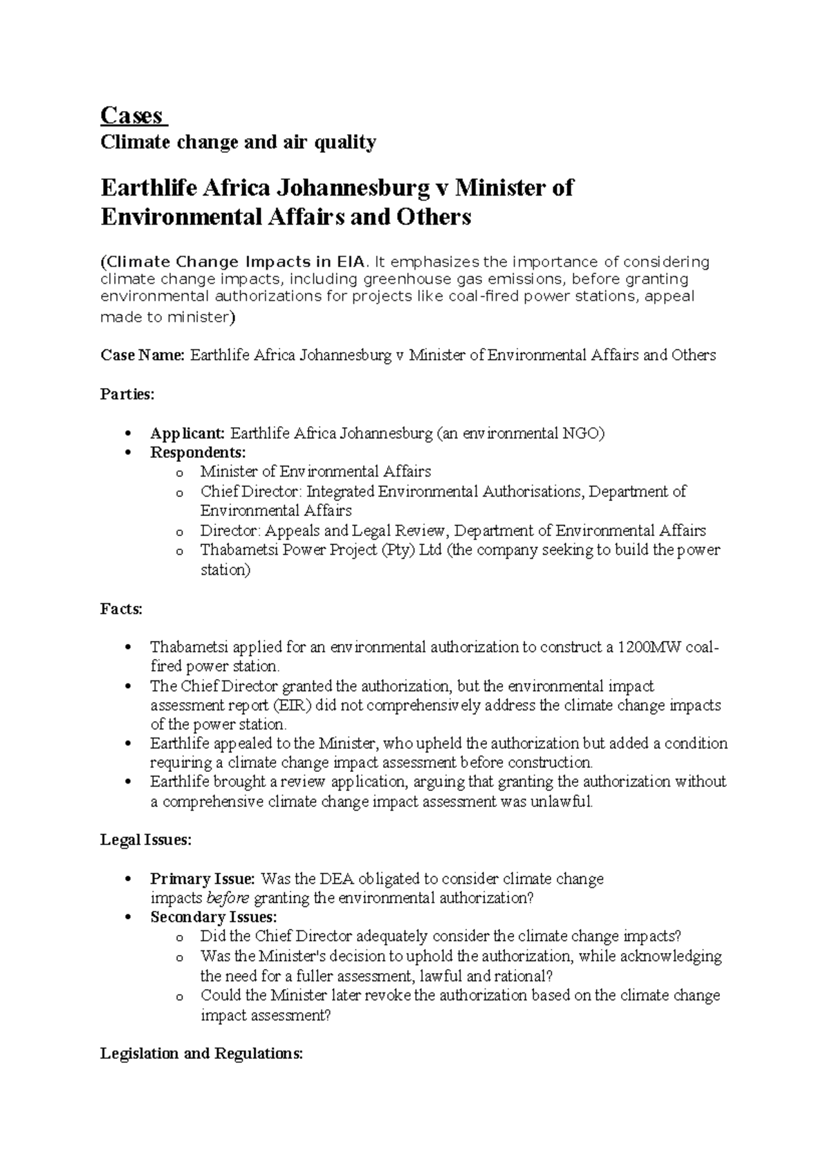 Enviro Law Case Summaries - Exam Notes for ENV101 - Studocu
