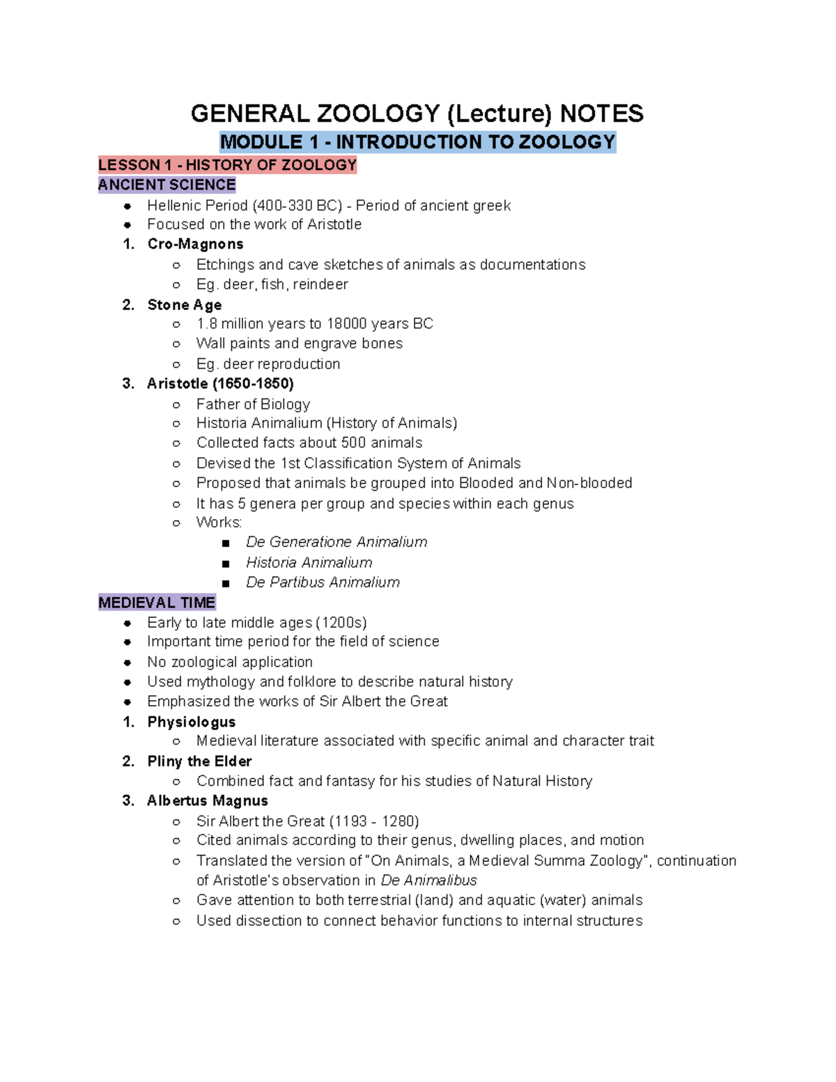 General Zoology Lec Midterm Reviewer: Key Concepts and Notes - Studocu