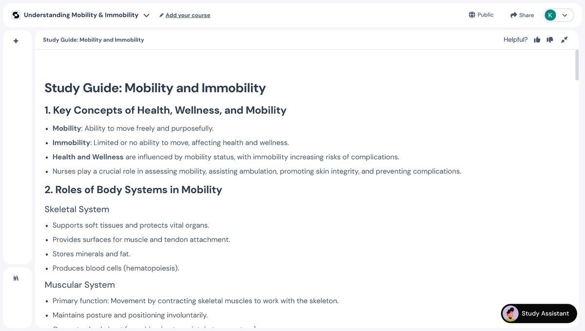 Study Guide: Mobility & Immobility (Course Code: NURS 101) - Studocu