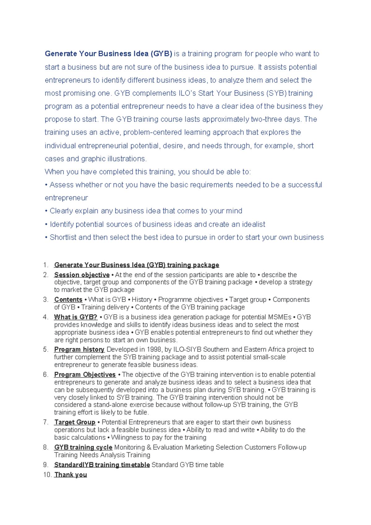 GYB Training Program Methodology and Tools Overview - Studocu