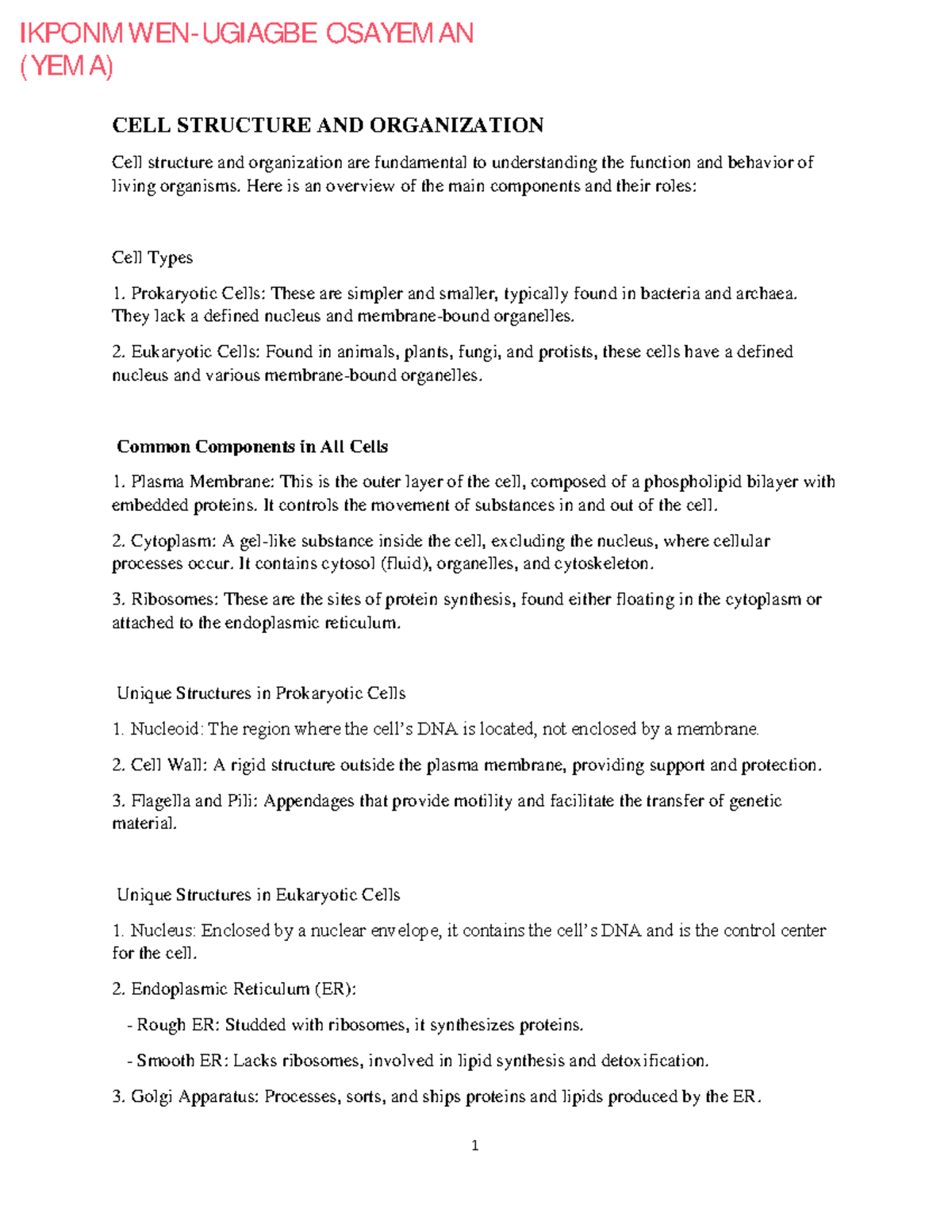 BIO101 - Cell Structure and Organization Overview - Studocu
