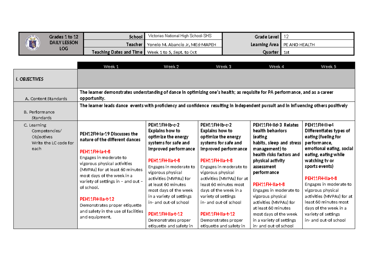 476361639 PE Health 12 Daily Lesson Log for Grade 12 Students - Studocu