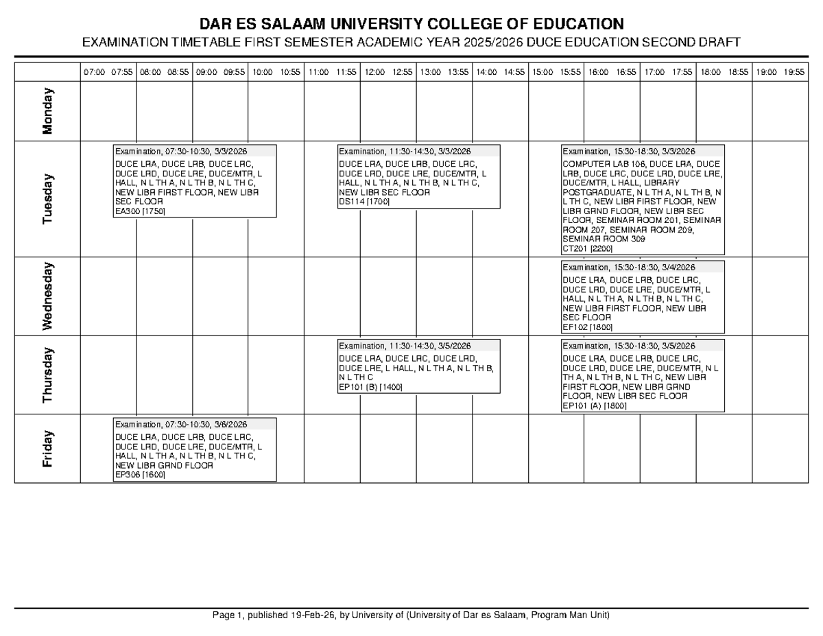 DUCE Education First Semester Examination Timetable - Second Draft ...