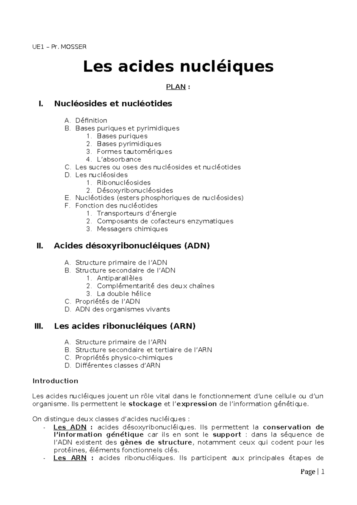 UE1 Pr. MOSSER Les Acides Nucléiques : Structure et Fonction - Studocu