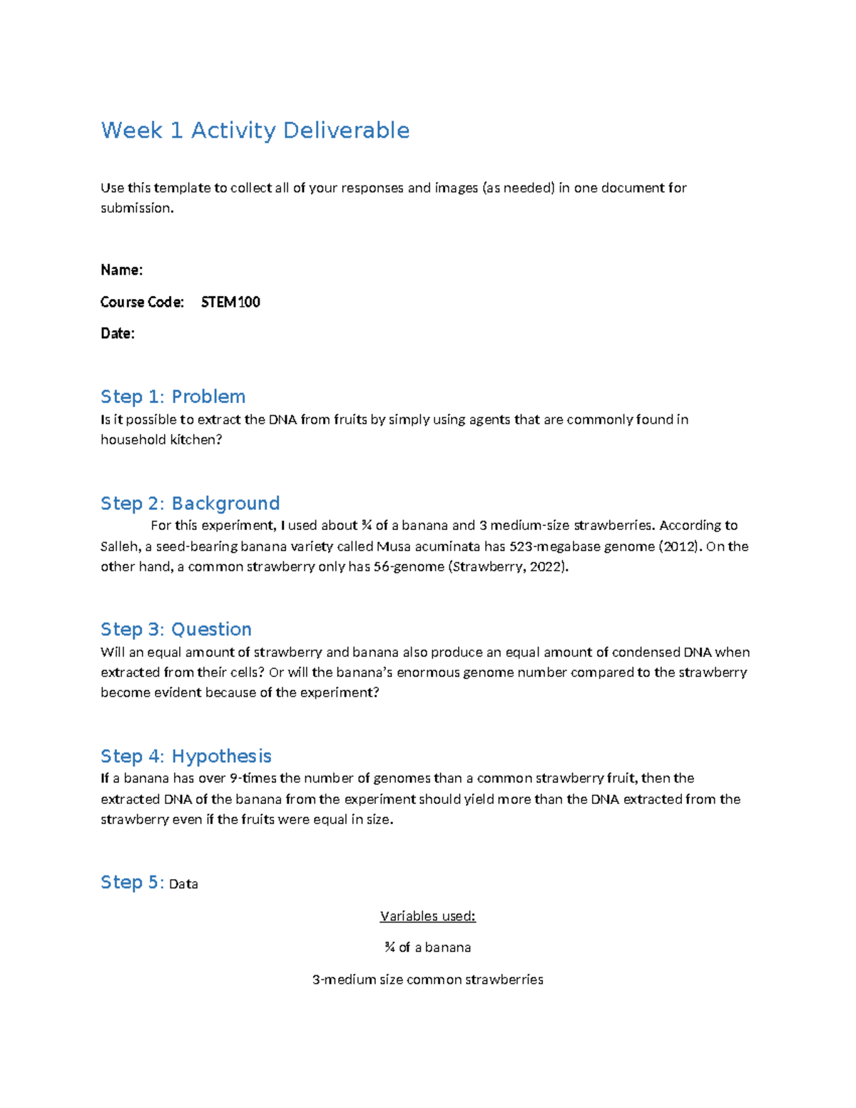 STEM100 Week 1 Activity: DNA Extraction from Fruits Experiment - Studocu