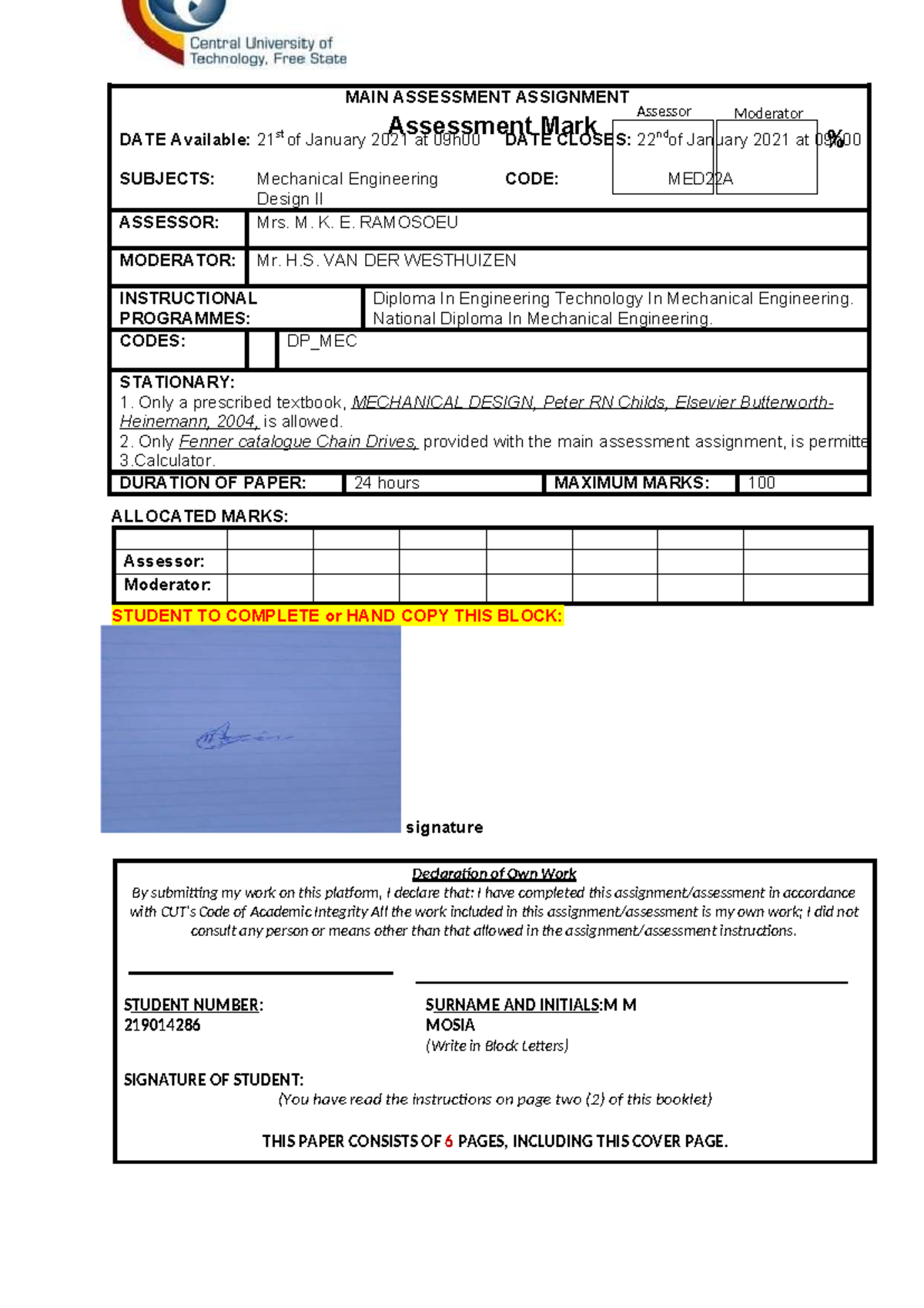 MED EXAM - practice papers - ALLOCATED MARKS: Assessment Mark Assessor ...