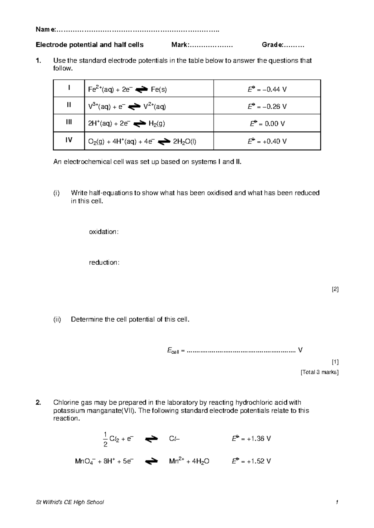 Electrode Potential Exam Questions - St CE High School - Studocu