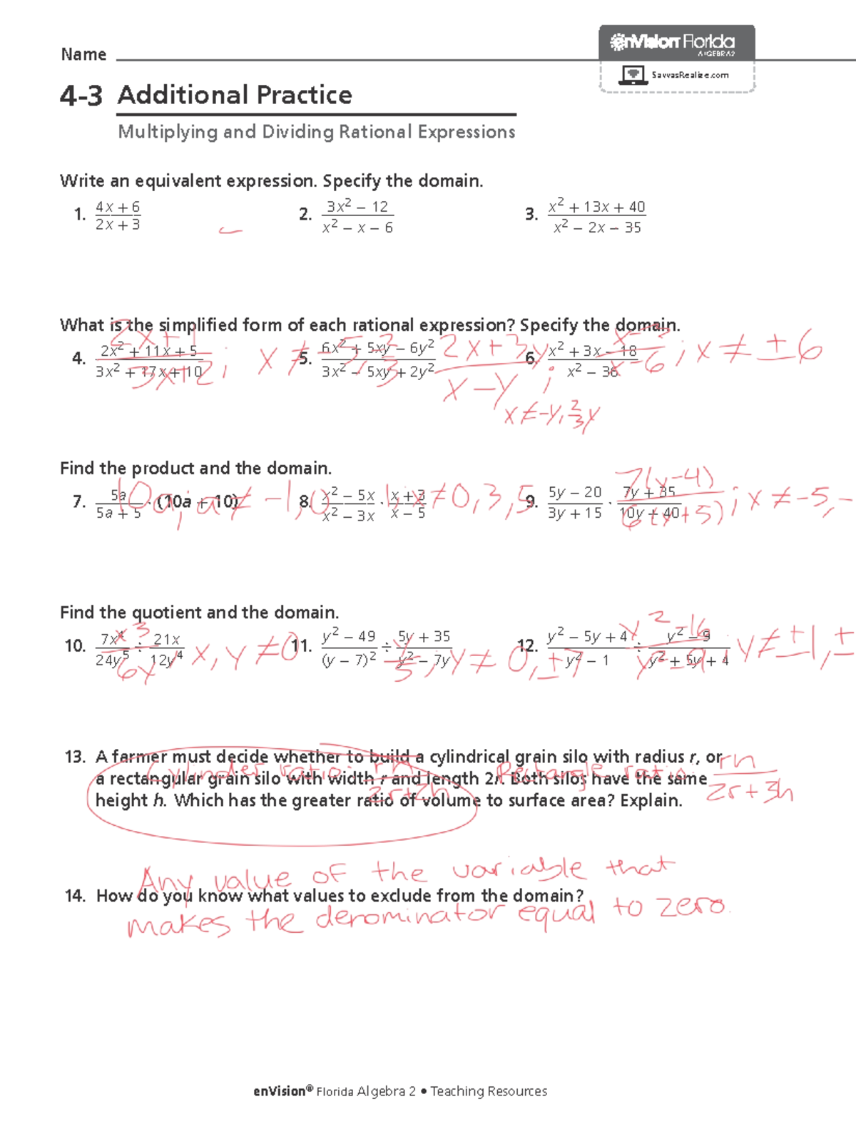 Algebra 2 4-3 Additional Practice: Rational Expressions Exercises - Studocu