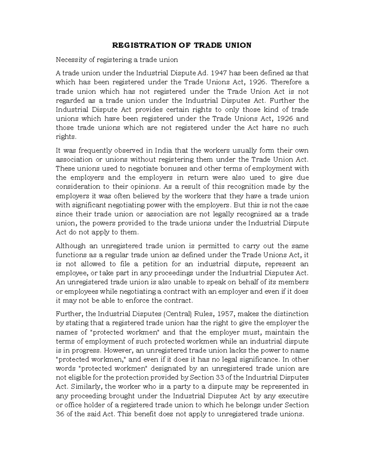 Registration and recognition of trade unions in India: An overview ...