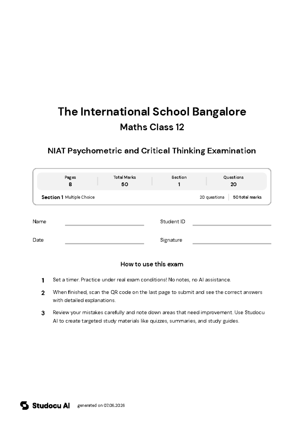 NIAT Psychometric & Critical Thinking Exam - Studocu