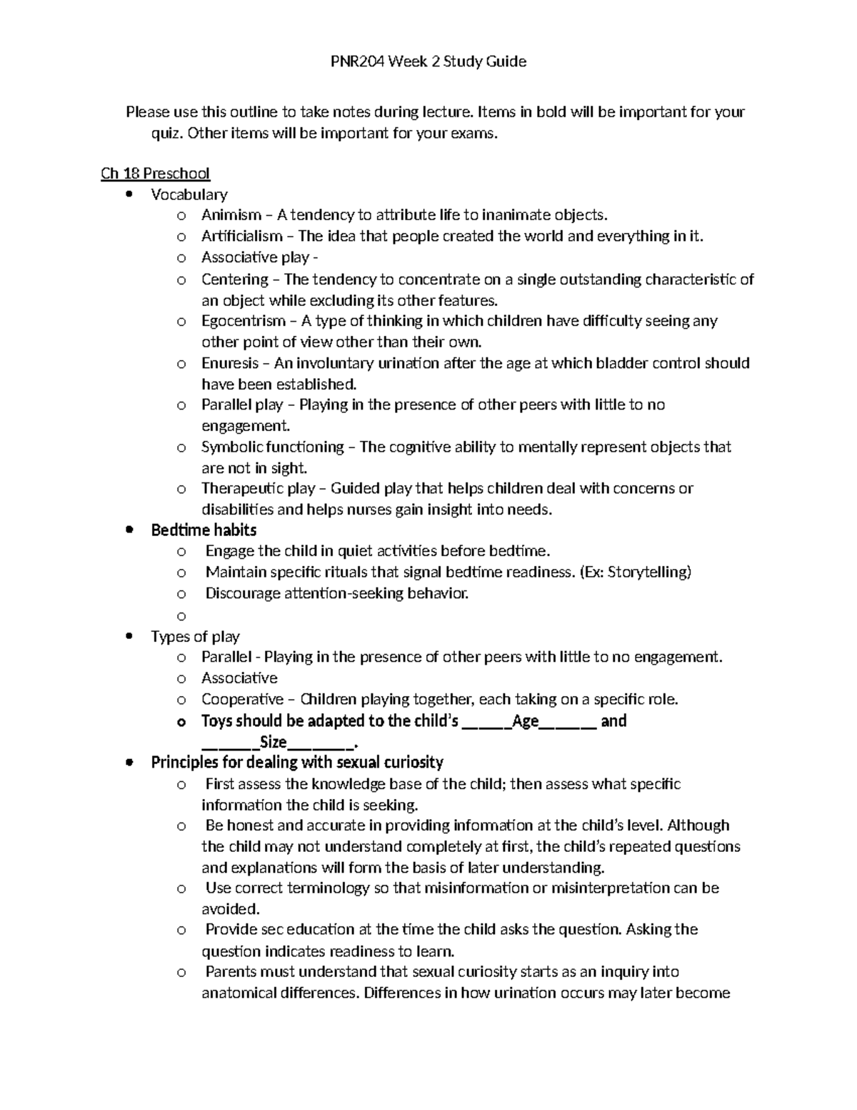 PNR 204 Week 2 Lecture Notes Study Guide: Preschool & School Age - Studocu