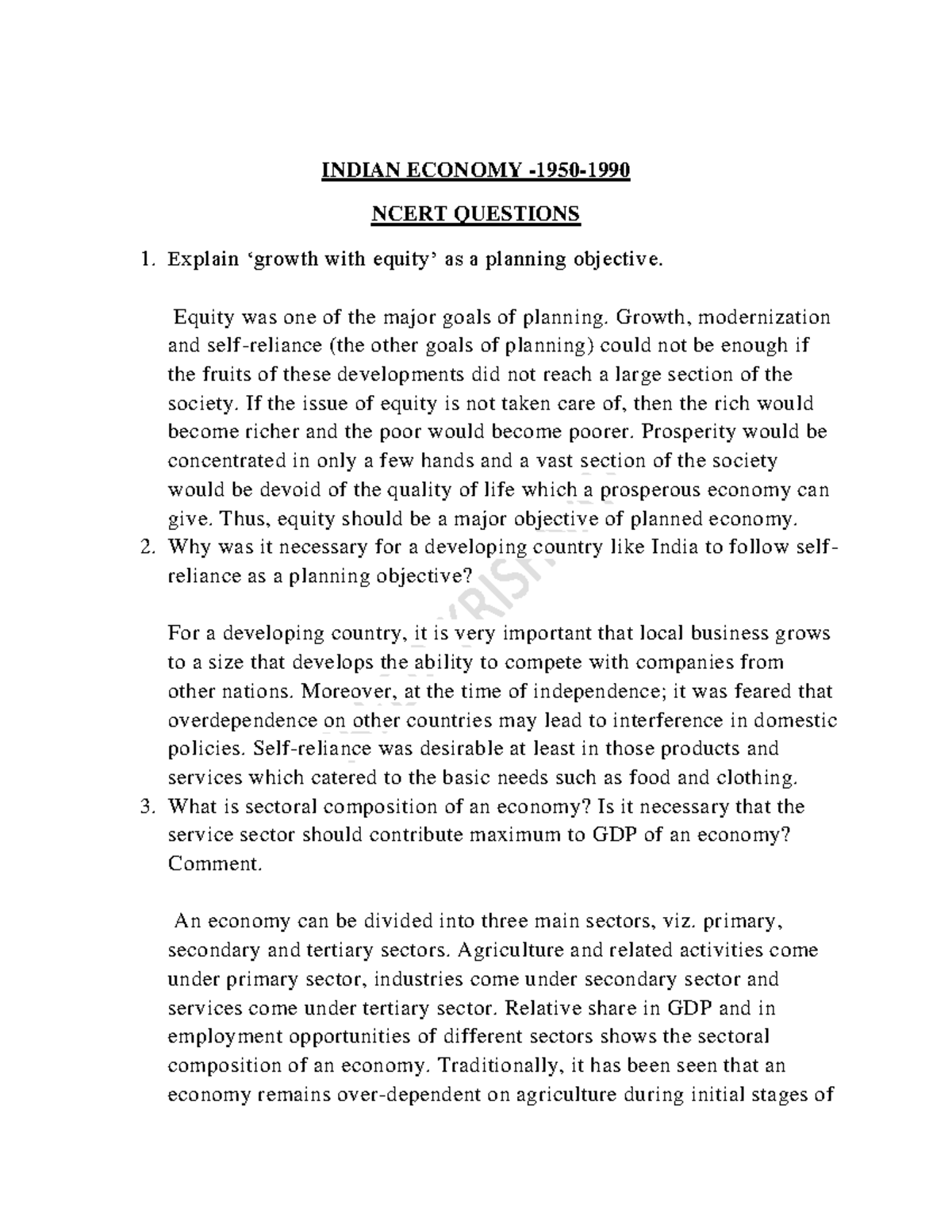 Indian Economy -1950-1990- Notes - INDIAN ECONOMY - 1950 - 1990 NCERT ...