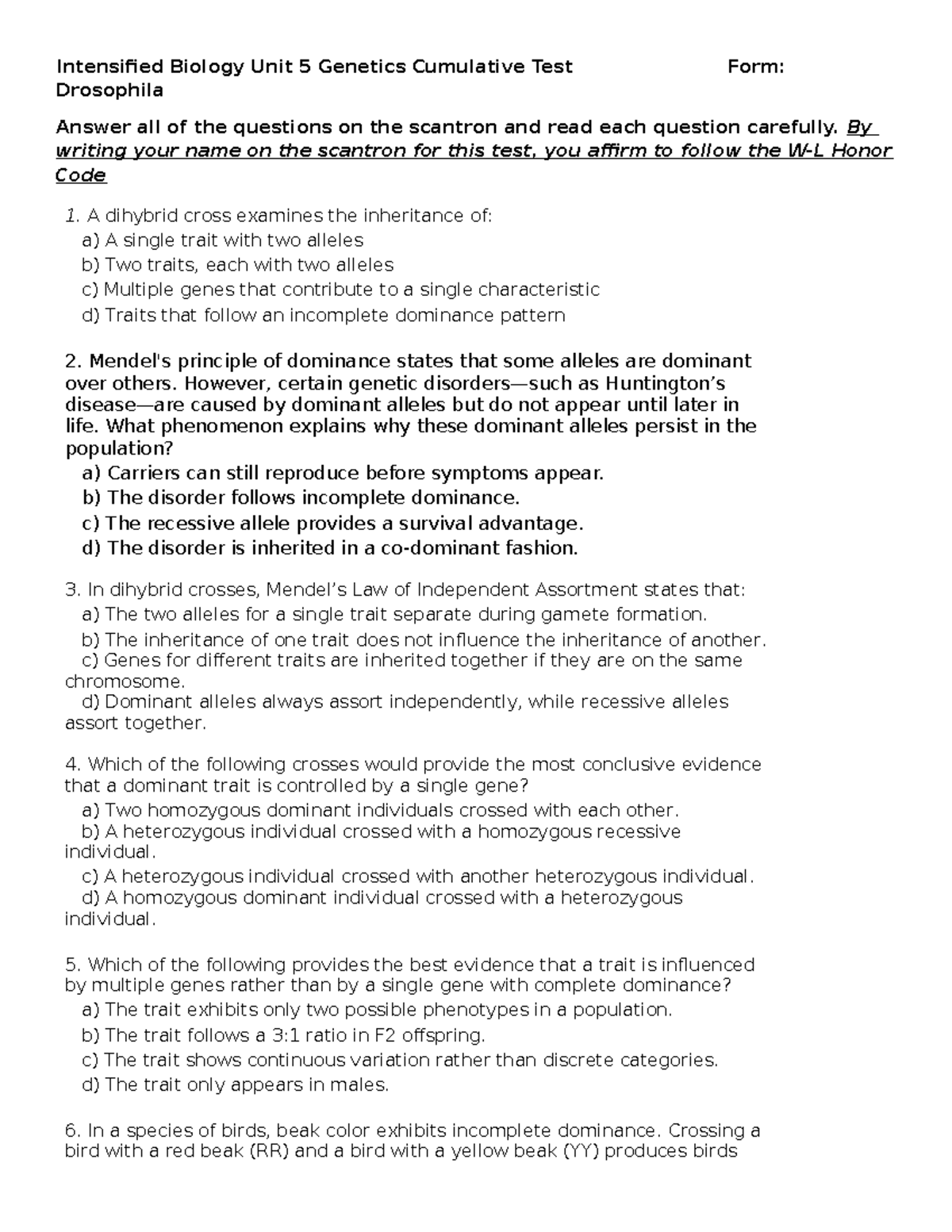 Intensified Biology Unit 5 Genetics Cumulative Test Review Form - Studocu