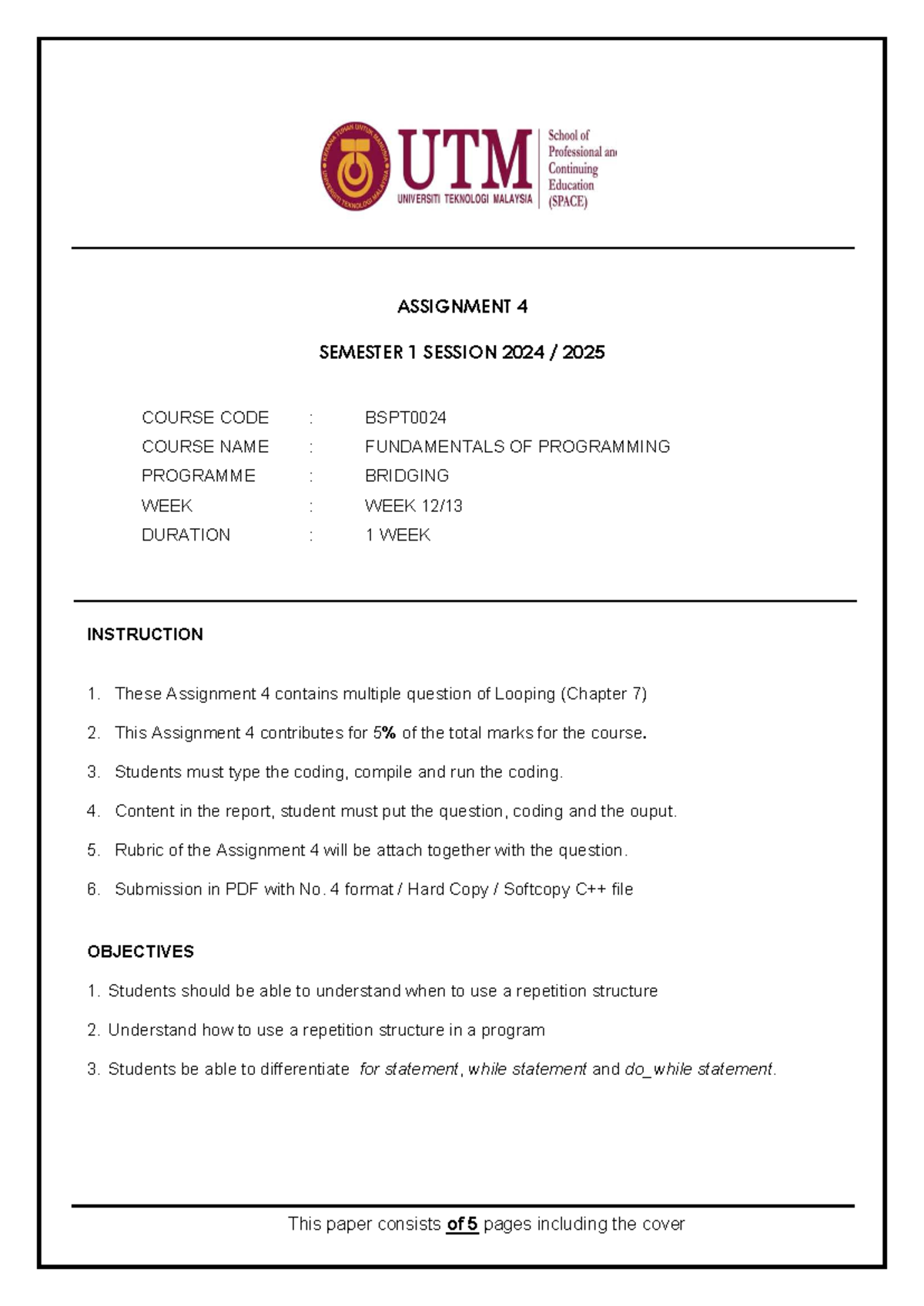 BSPT0024 Assignment 4: Looping Concepts in Programming (2024-2025 ...