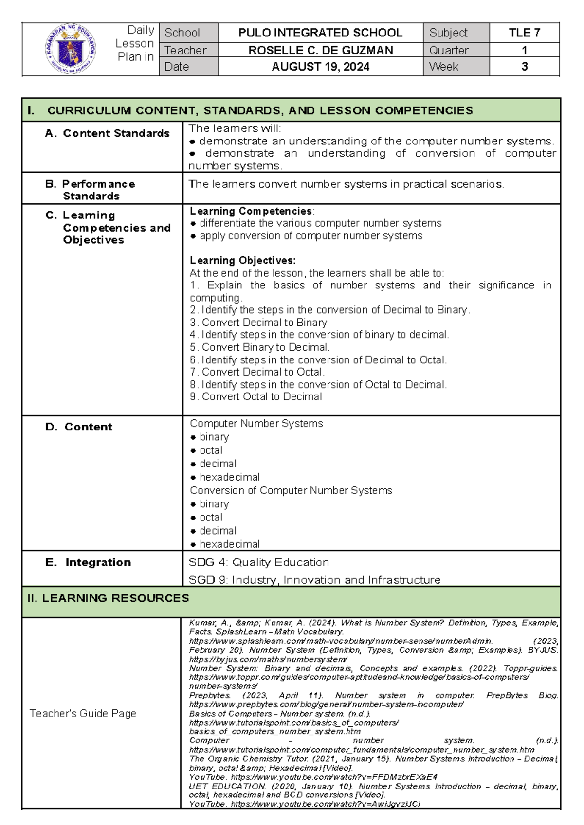 DLP TLE7 Q1 W3 - Understanding Computer Number Systems Lesson Plan - Studocu