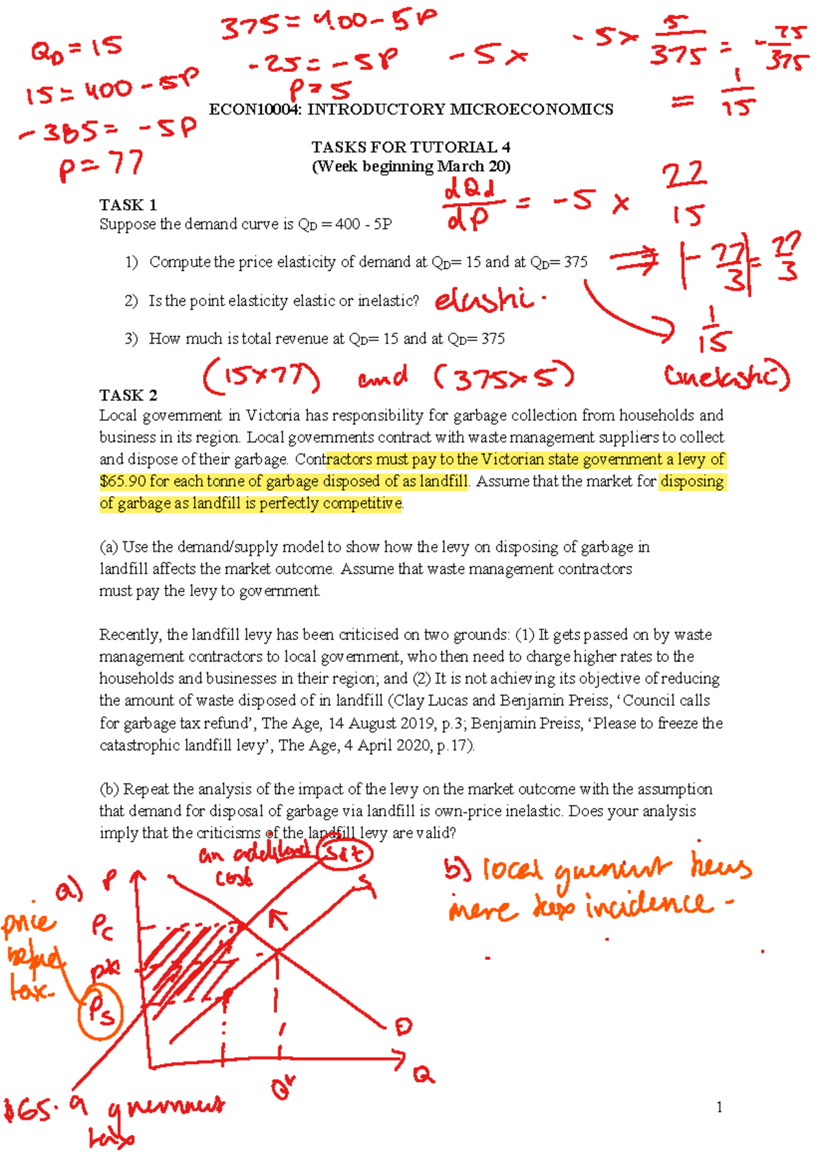 Week 4 Tutorial - Questions - 1 ECON10004: INTRODUCTORY MICROECONOMICS ...