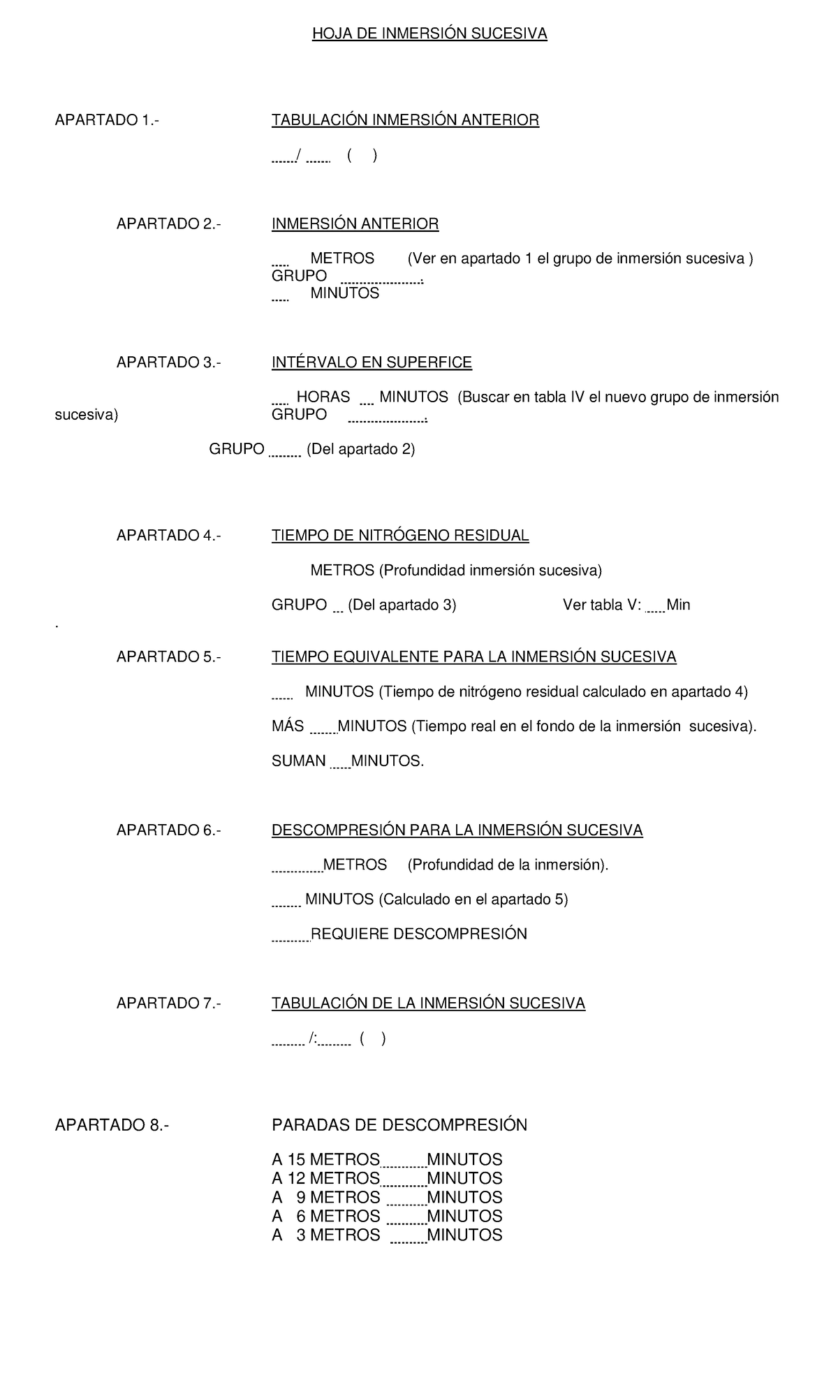 Inmercion repetitiva - buceo - HOJA DE INMERSIÓN SUCESIVA APARTADO 1 ...