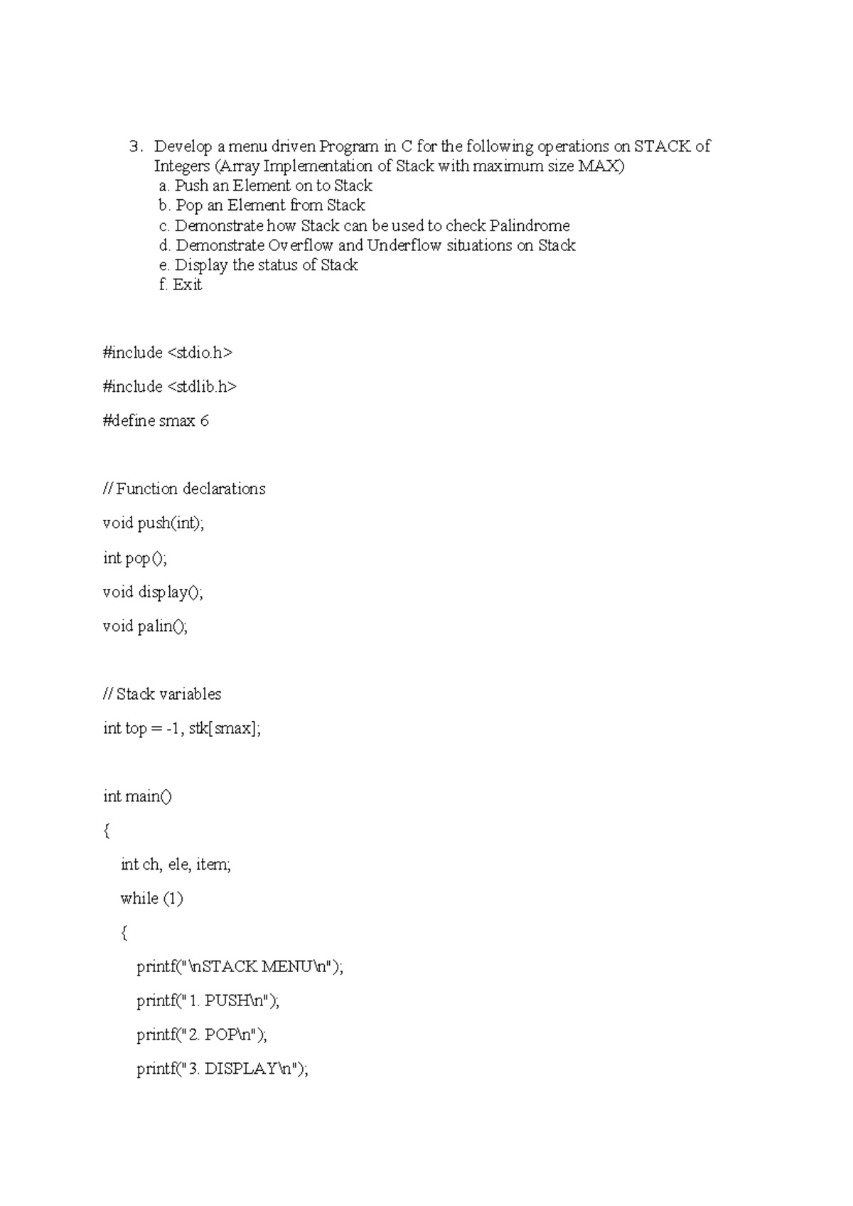 C Program for Stack Operations: Push, Pop, Palindrome Check, Overflow ...