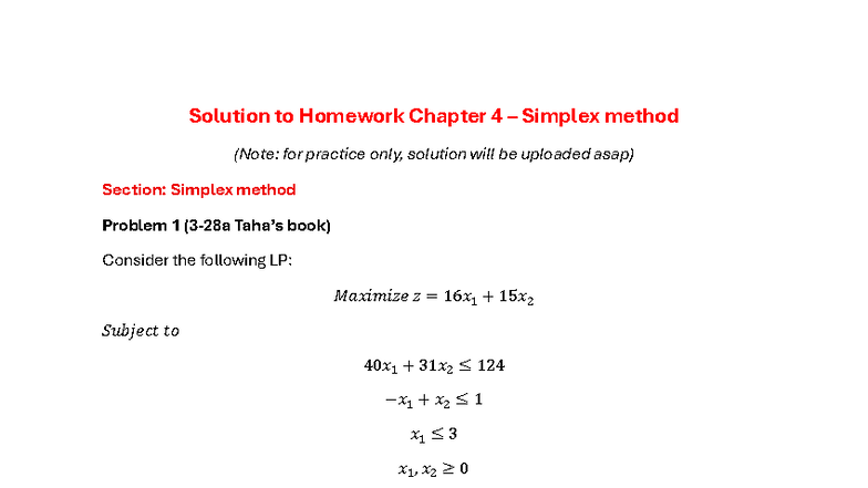 Solution to Homework CH4: Simplex Method Practice Problems - Studocu