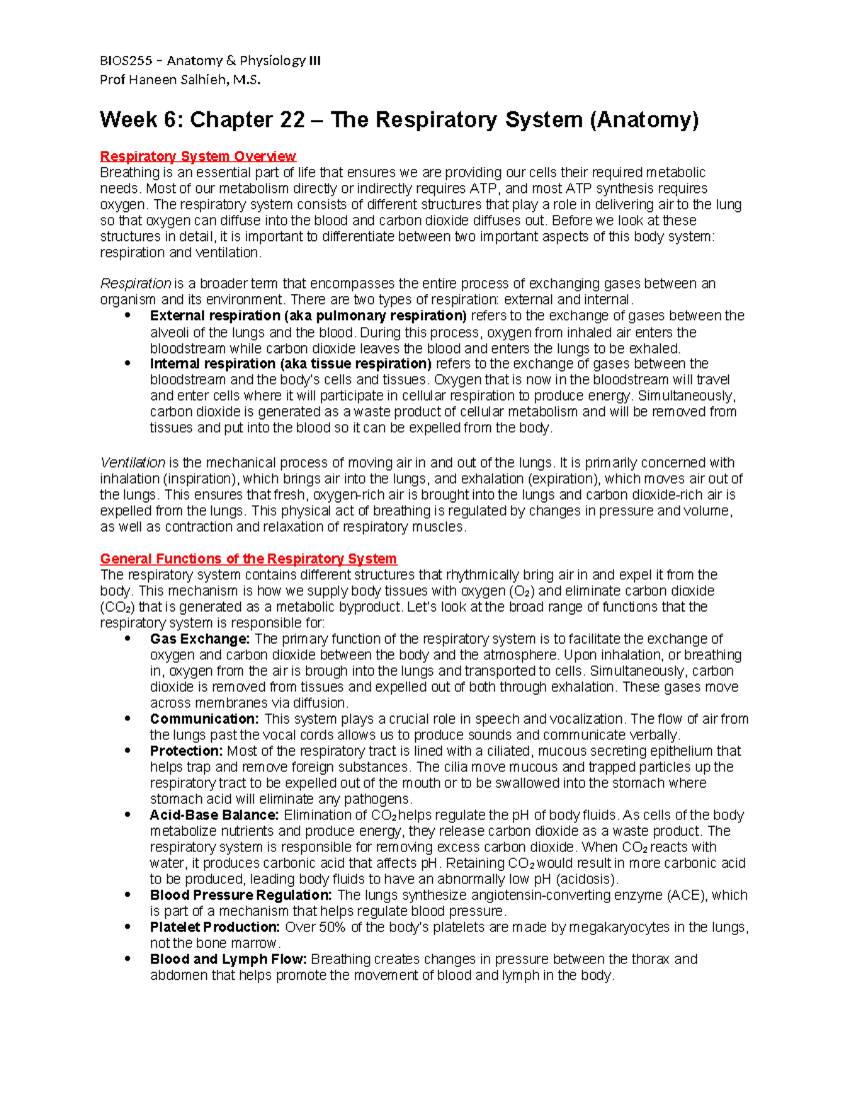BIOS255 Week 6: Anatomy of the Respiratory System Overview - Studocu
