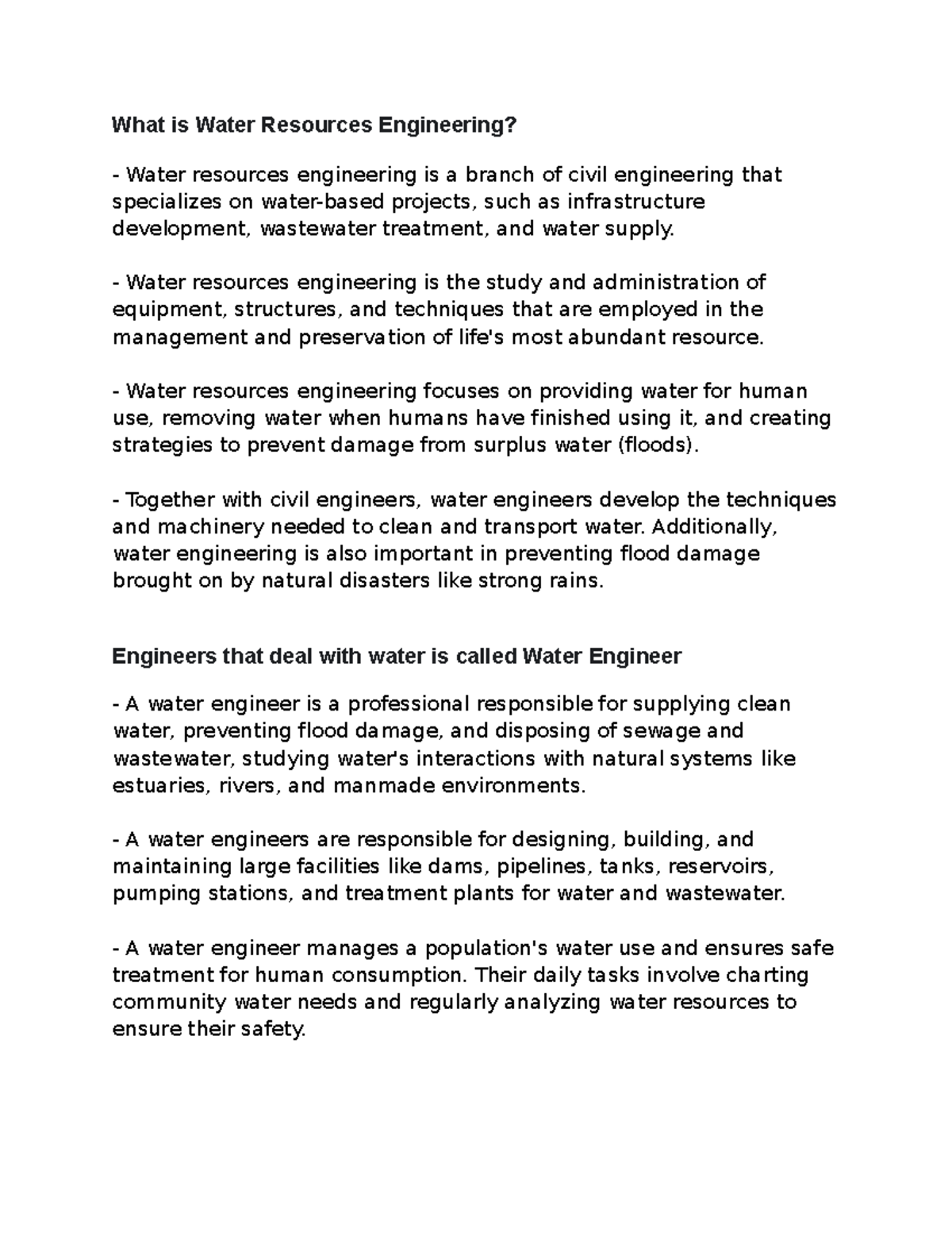 Water Resources Engineering Overview and Key Responsibilities - Studocu