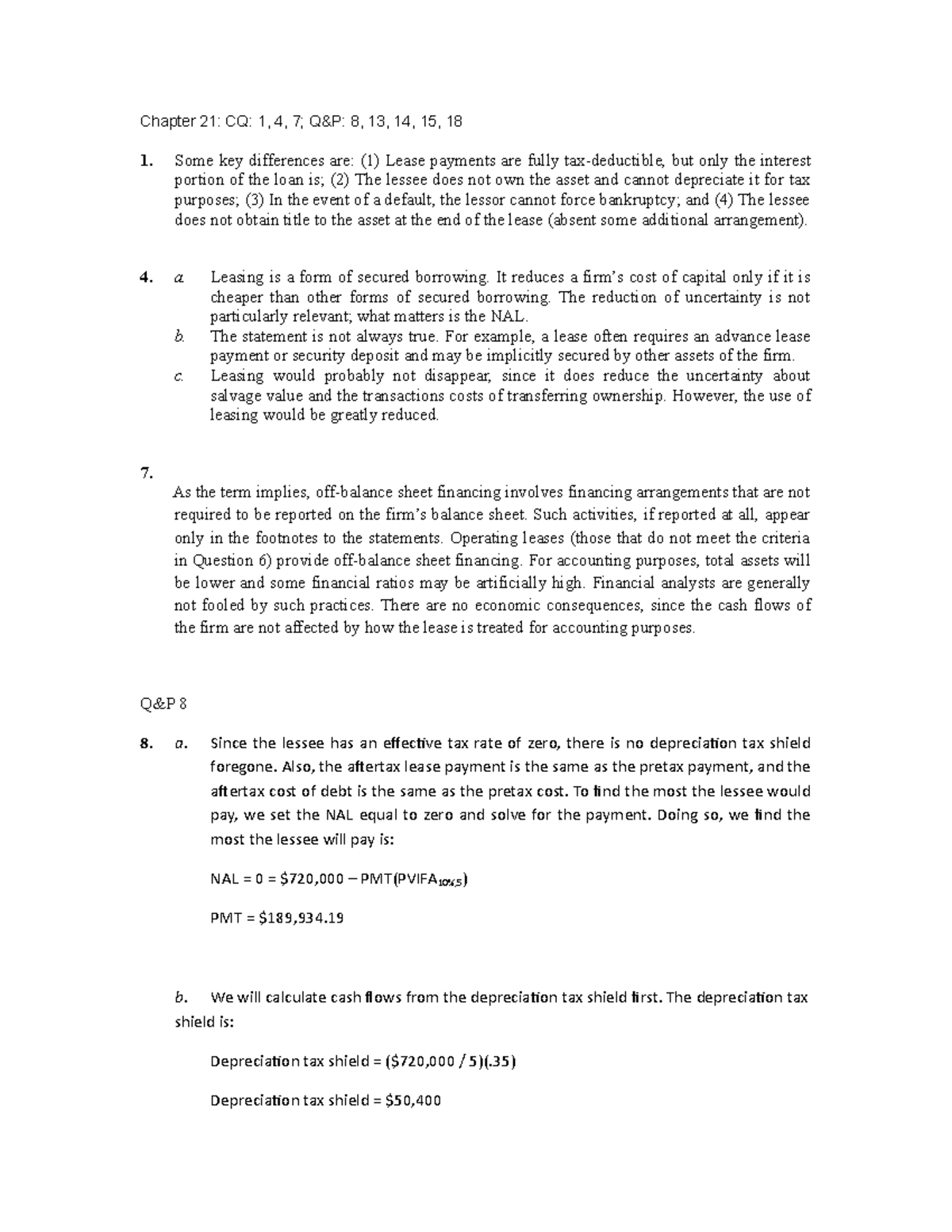 FIN322 tutorial solutions leasing - Chapter 21: CQ: 1, 4, 7; Q&P: 8, 13 ...
