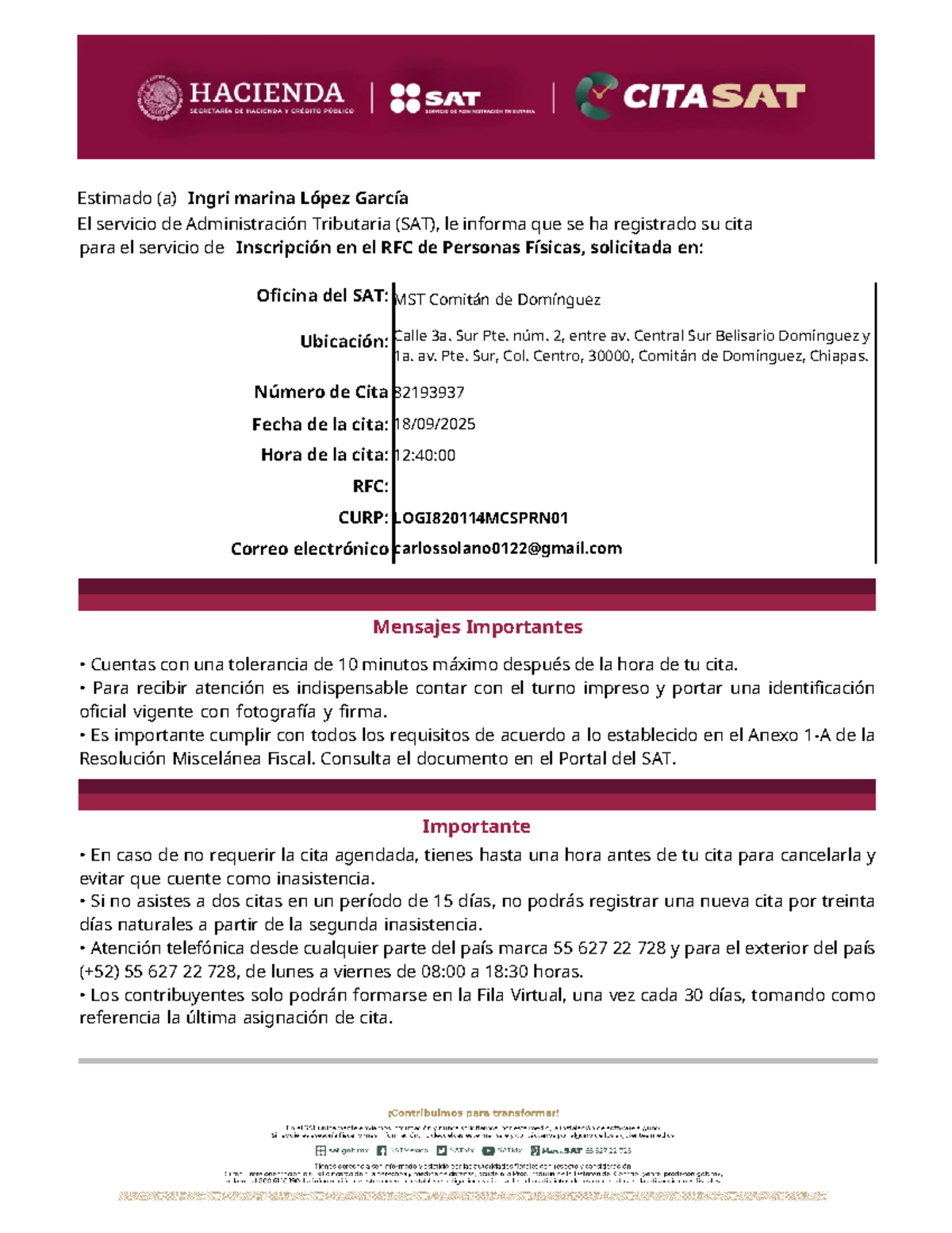 Acuse de Cita para Inscripción en RFC - SAT - MATERIAL - Studocu