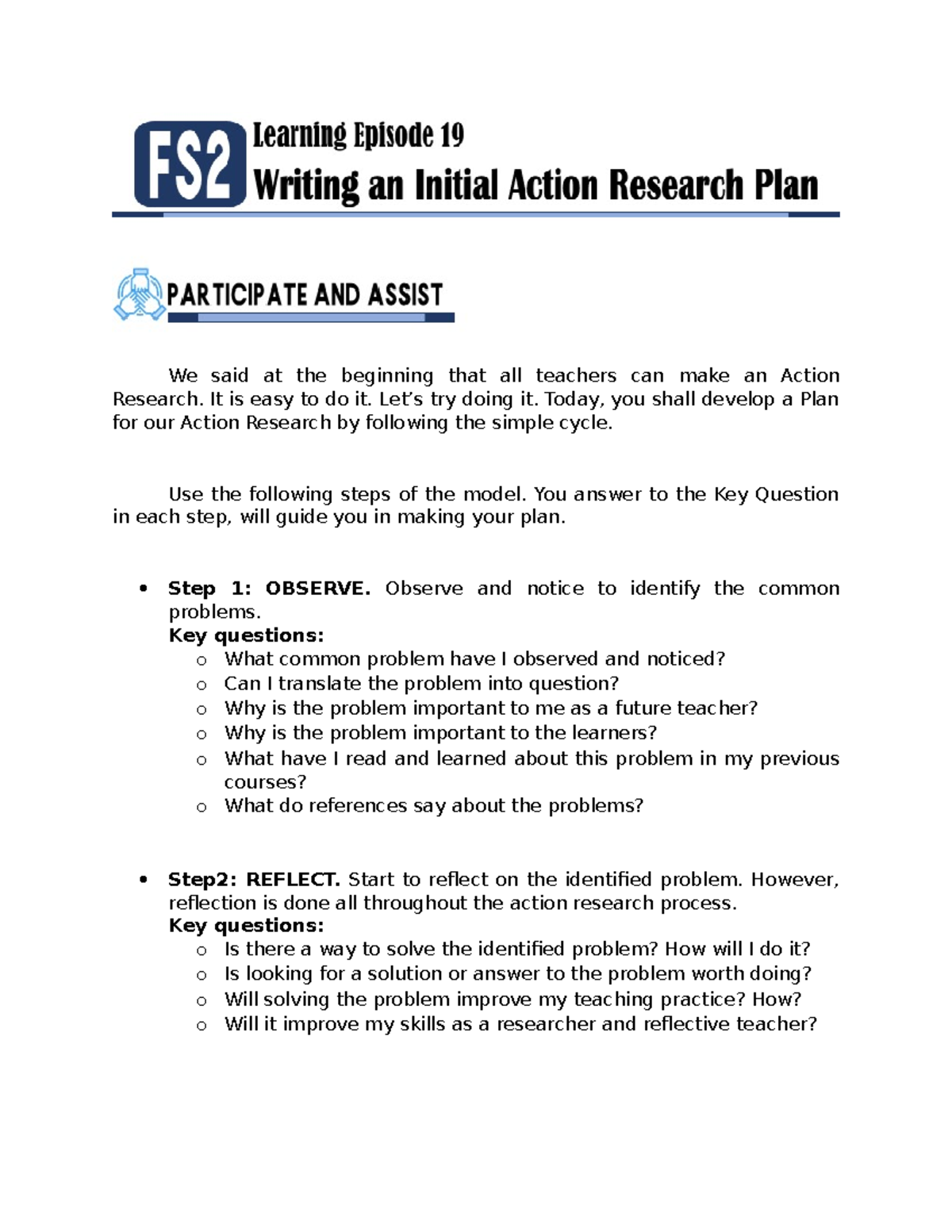 Action Research Plan Development - Episode 19 - OKAY Field Study - Studocu