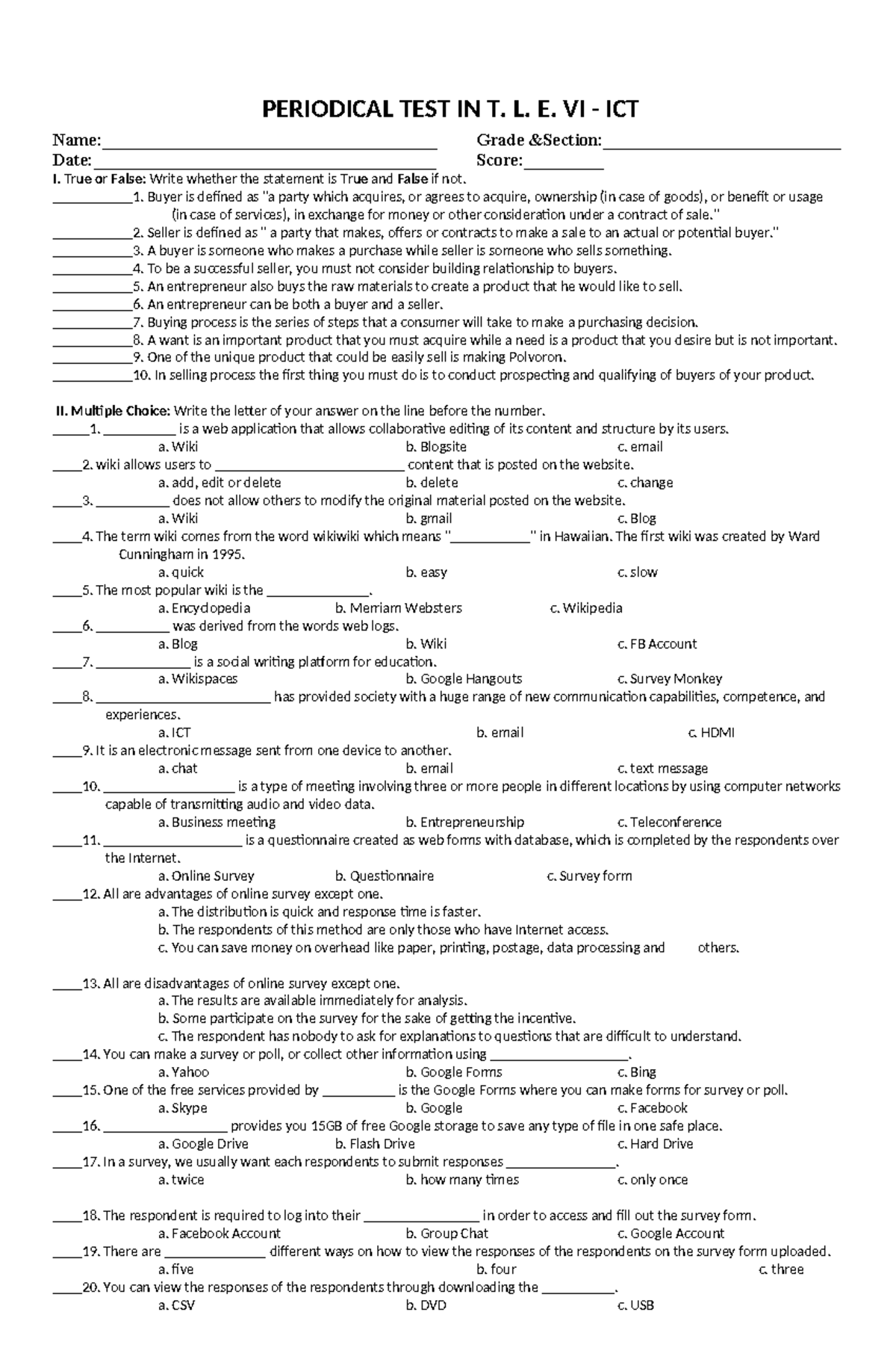 PT-ICT VI: Periodical Test with Answer Key and Study Guide - Studocu