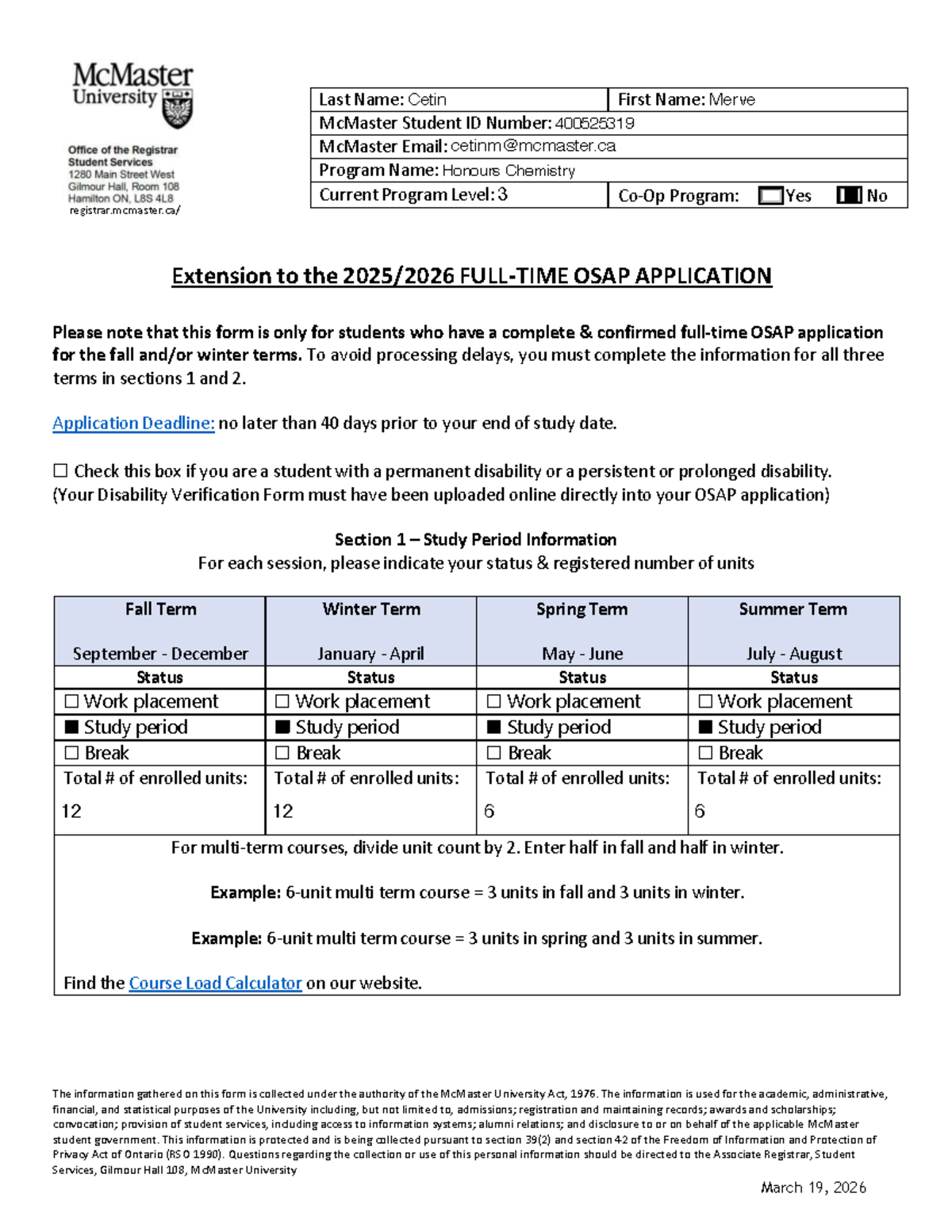 OSAP Application Extension Form - Honours Chemistry (Level 3) - Studocu