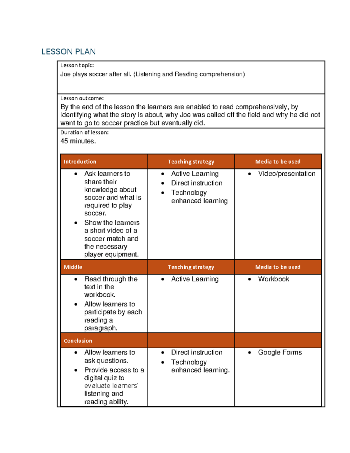 Lesson Plan 2025: Joe Plays Soccer - Listening & Reading Comprehension ...